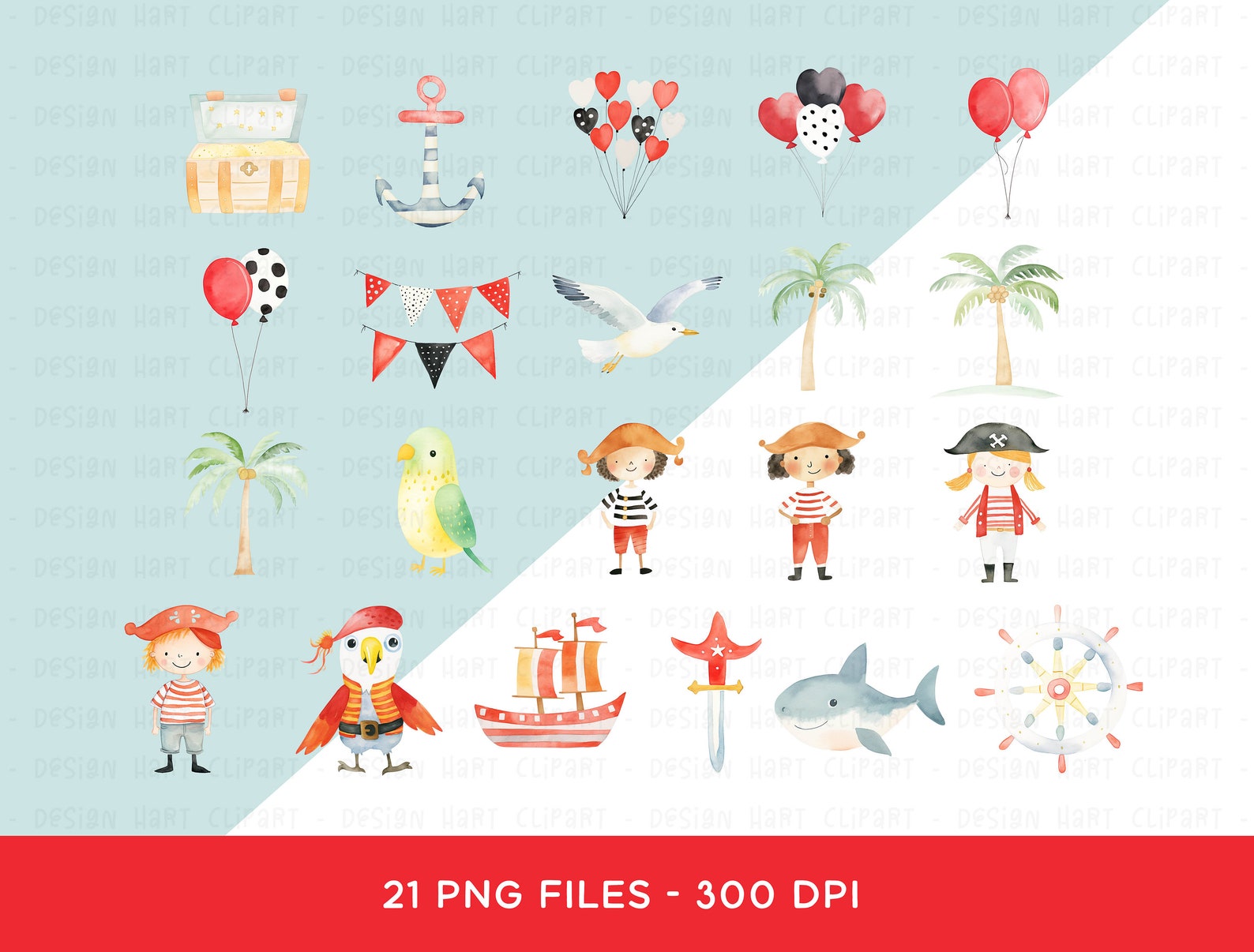 Pirate Clipart Set, Watercolor PNG Graphics Commercial Use Pirate Party ...