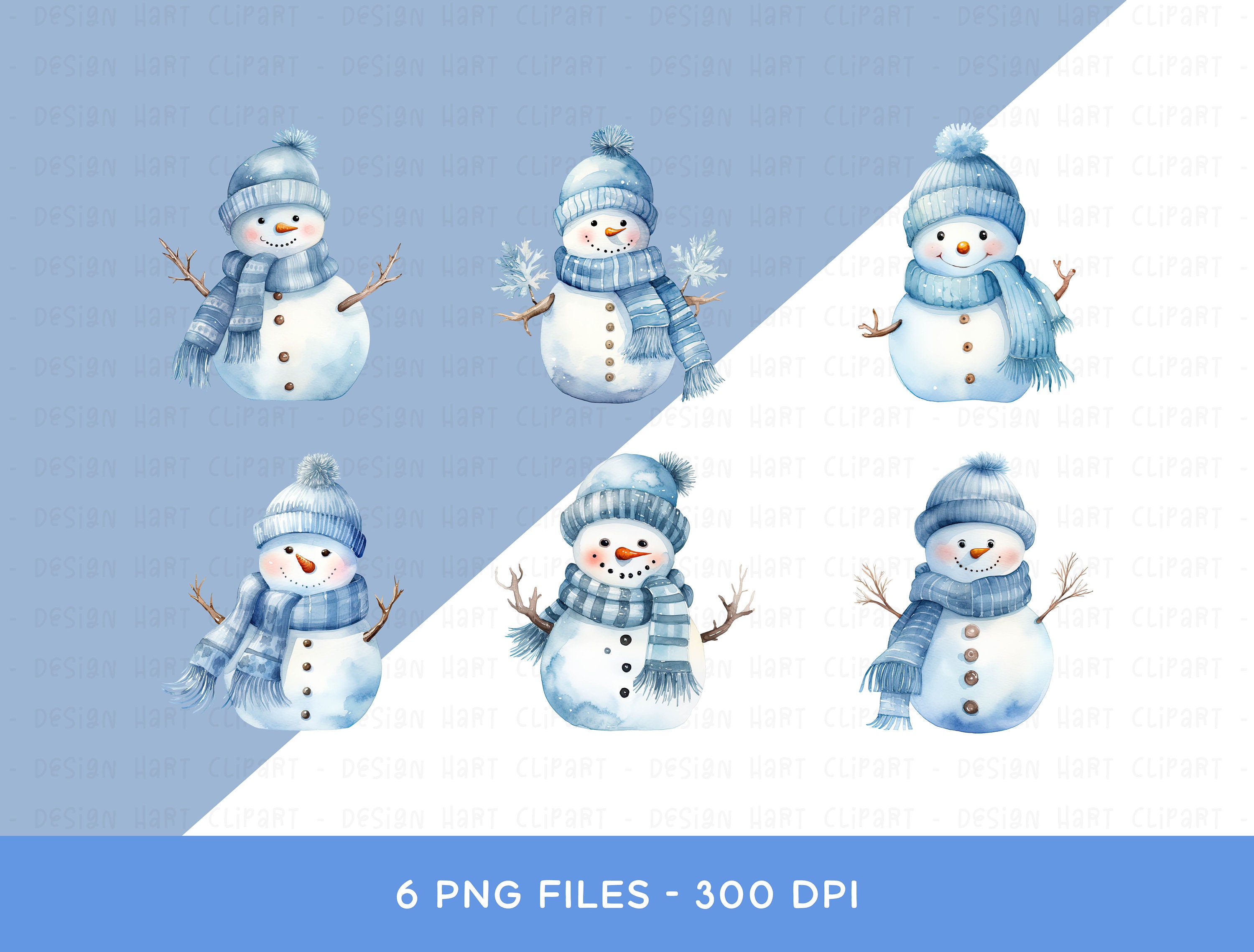 Snowman Clipart Bundle, Watercolor Blue Scarf Winter Holiday Christmas ...