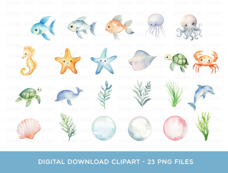 Ocean Clipart Bundle, Watercolor Under the Sea Creatures Animals Beach ...