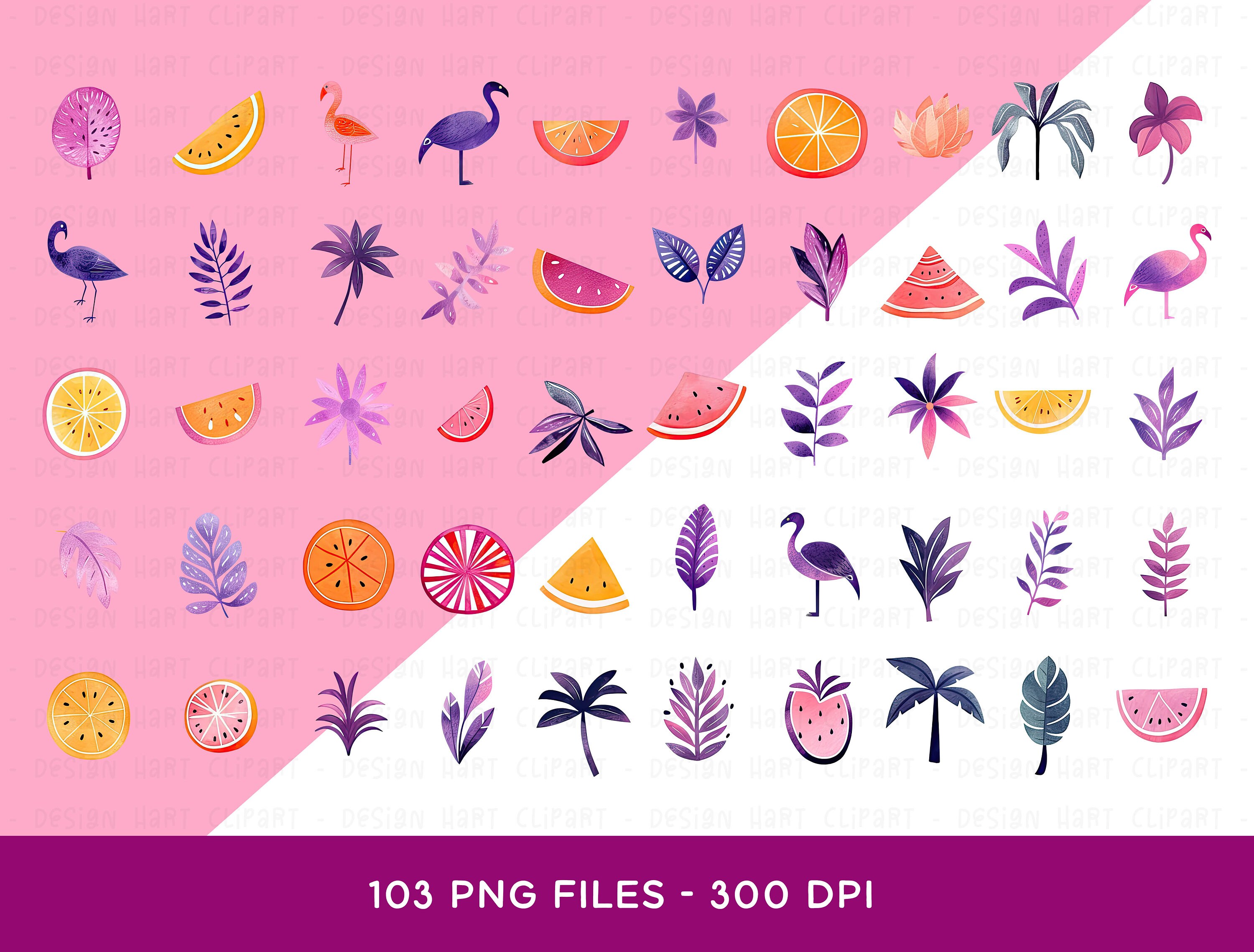 Tropical Clipart Bundle Set, Summer Fruits Leaves Flamingoes PNG ...
