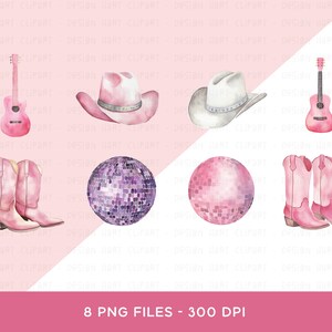 Cowgirl Disco Clipart Bundle, Pink Cowboy Guitar Disco Ball Boots Hat ...