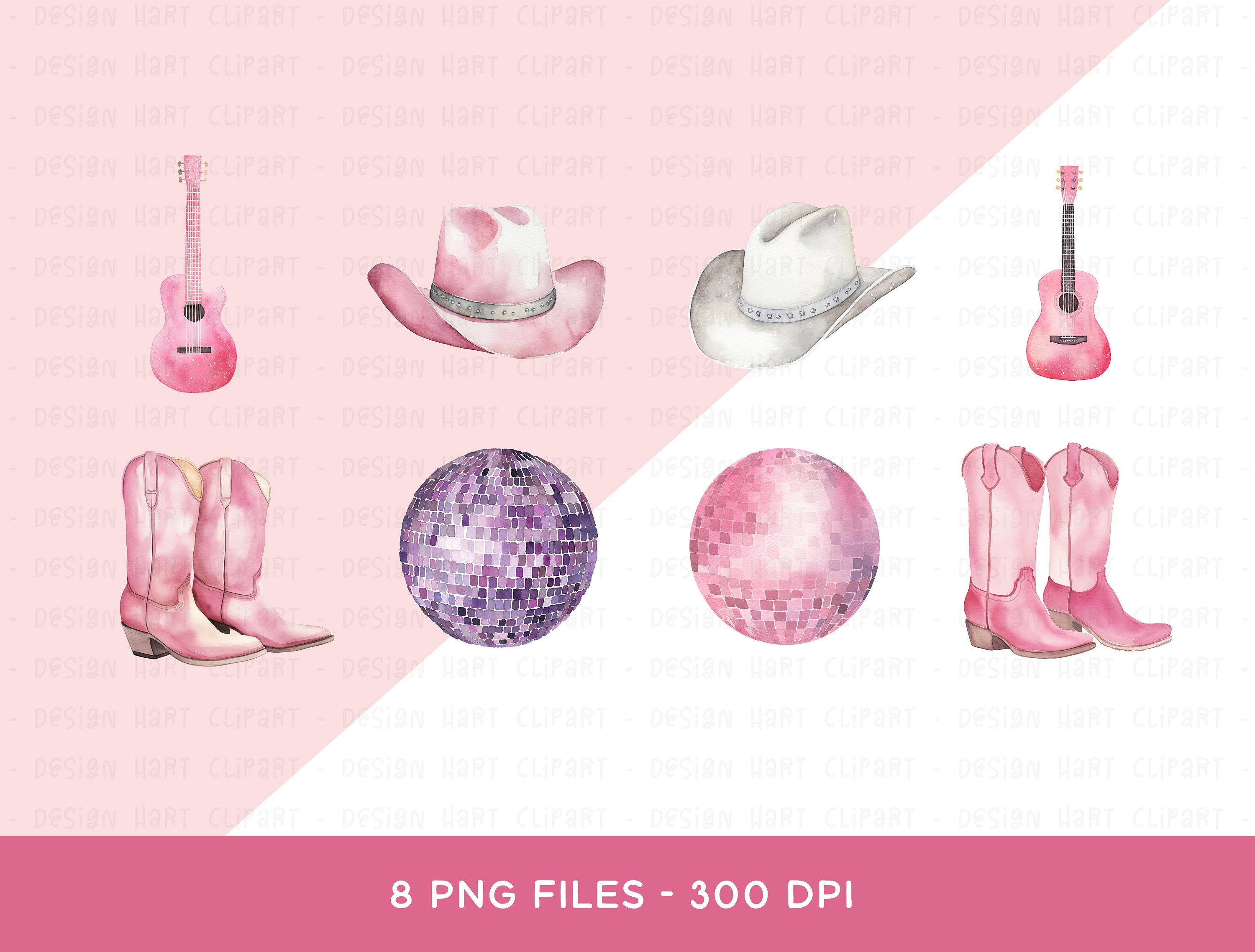 Cowgirl Disco Clipart Bundle, Pink Cowboy Guitar Disco Ball Boots Hat ...