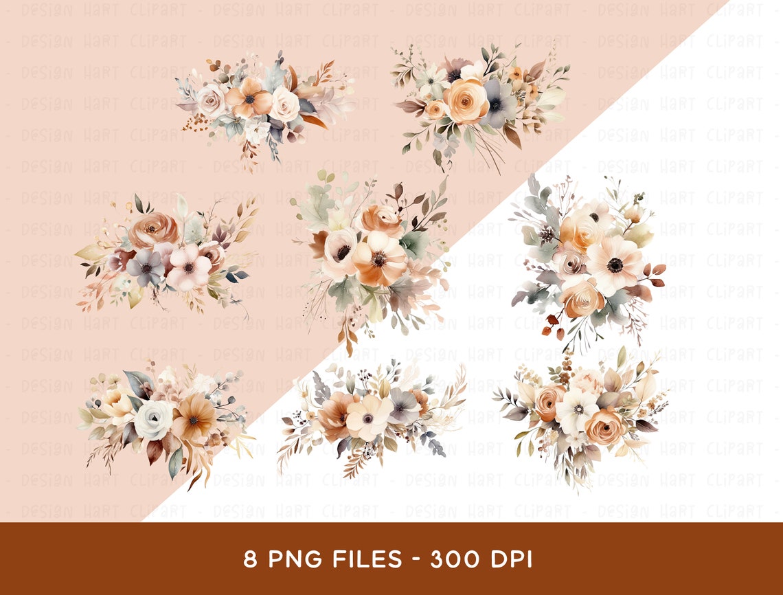 Floral Clipart Bundle, Boho Neutral Watercolor Flower Bouquets Bohemian ...