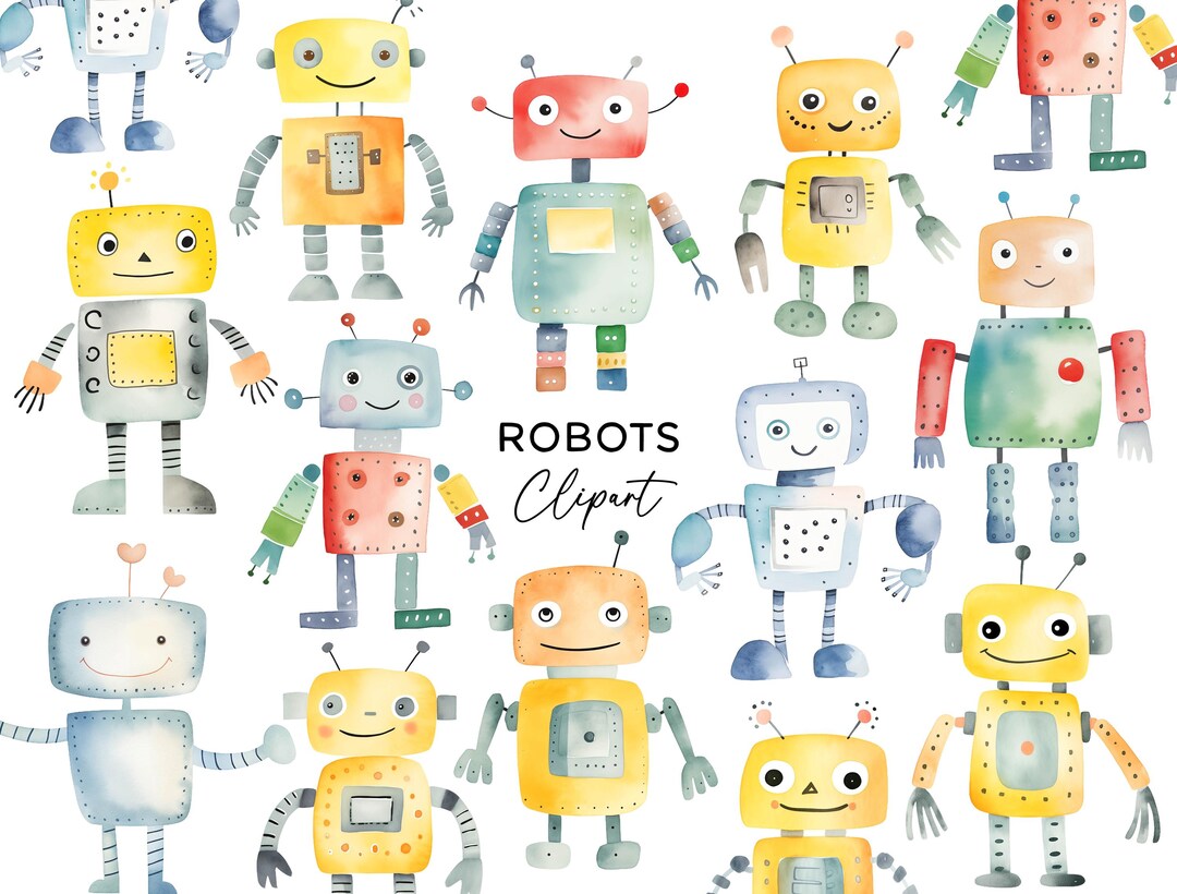 Robot Clipart Bundle, PNG Digital Download Watercolor Yellow Blue Red ...