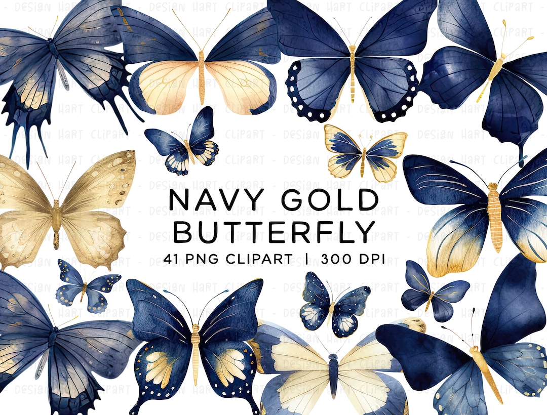 Watercolor Butterfly Clipart Bundle, Navy Blue Gold PNG Commercial Use ...