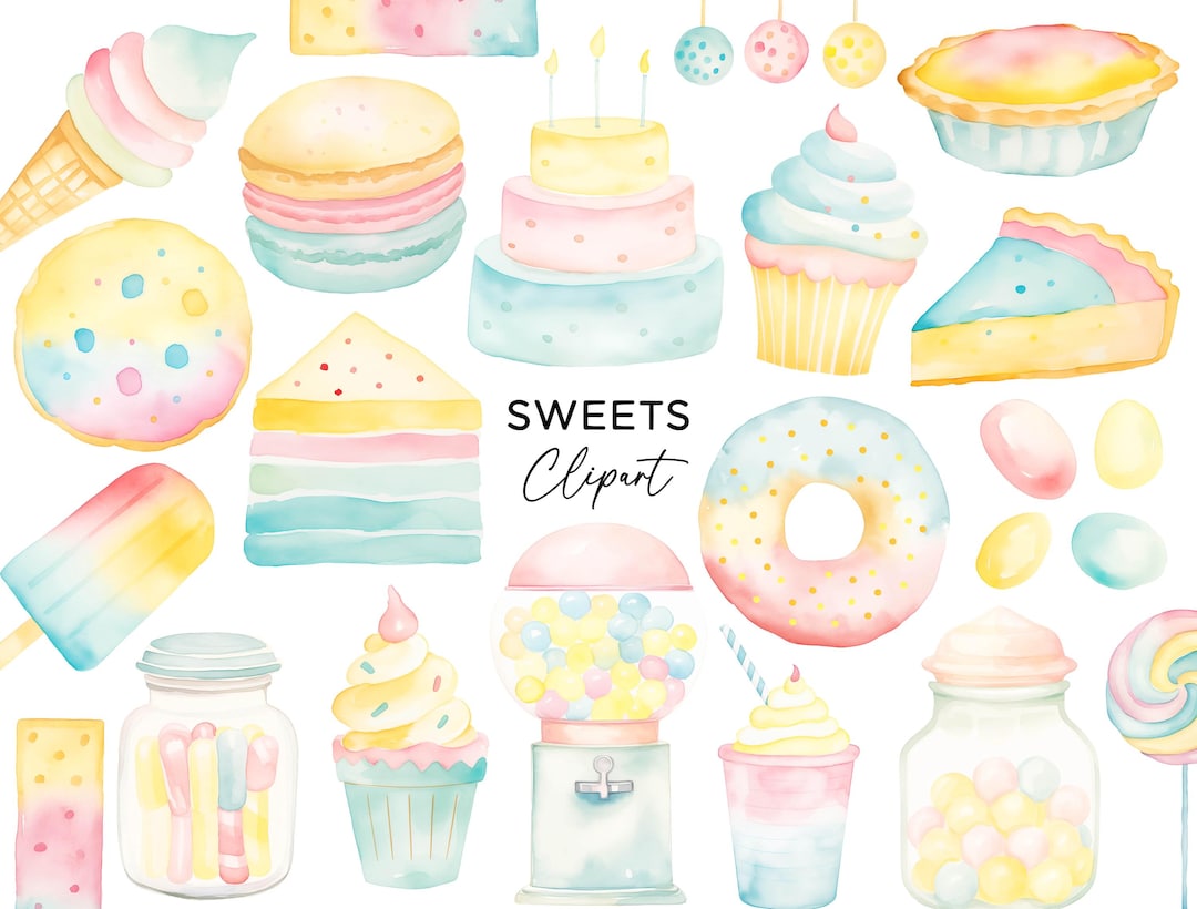 Sweets Clipart Bundle, PNG Digital Download Watercolor Rainbow Sweets ...