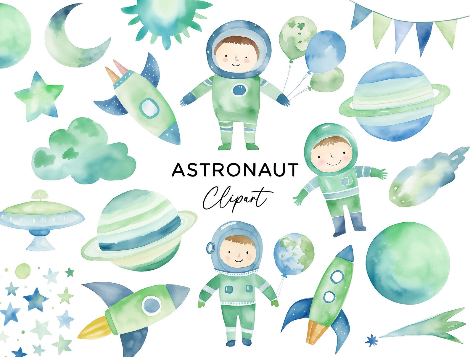 Astronaut Clipart Bundle, Watercolor Space Galaxy Rocket Ship Planet ...