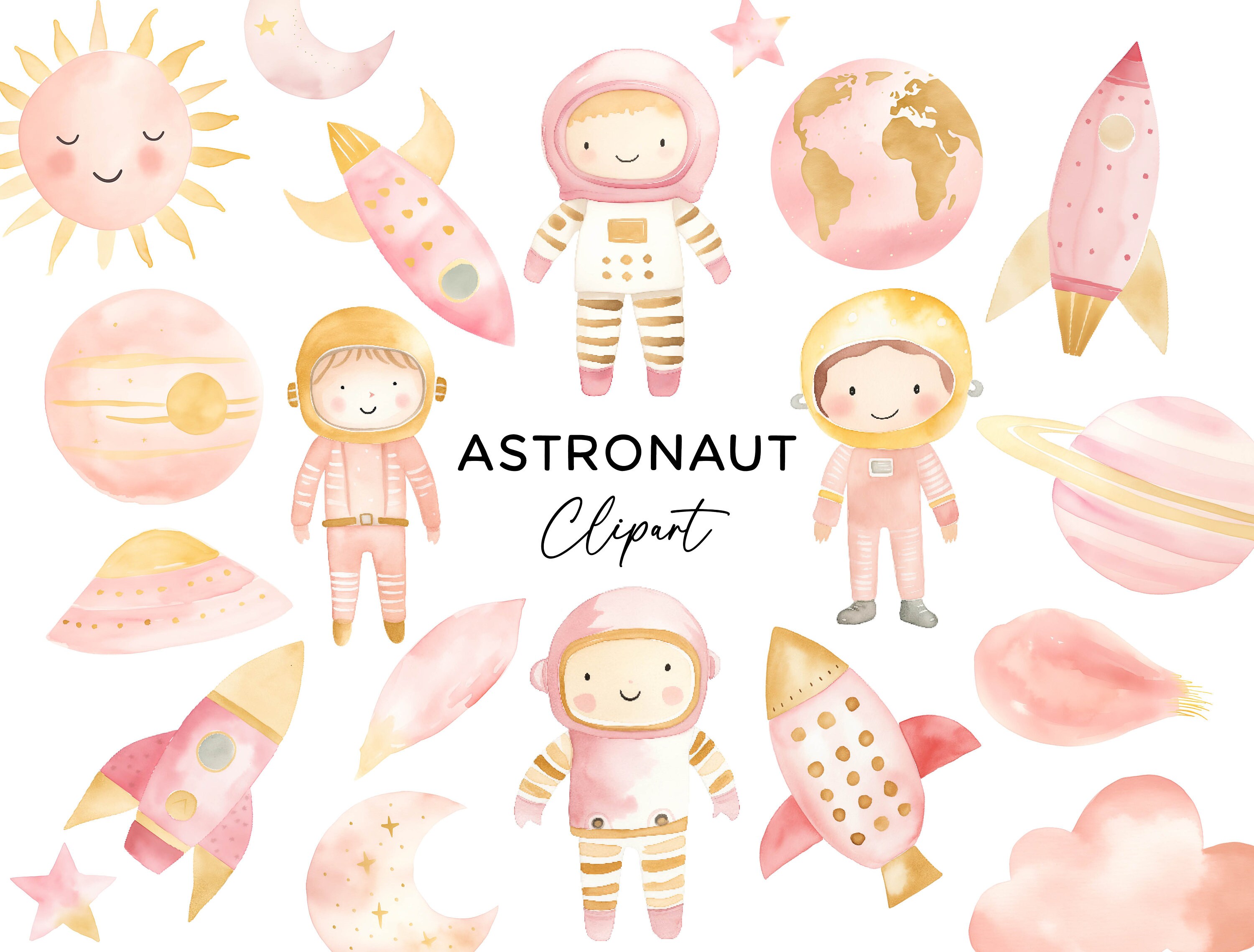 Astronaut Clipart Bundle, Watercolor PNG Girls Pink Gold Digital ...