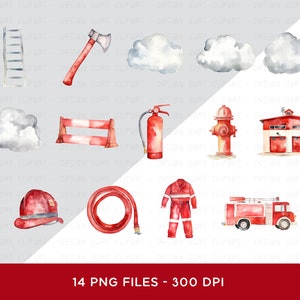 Firefighter Clipart Bundle, Watercolor Fireman Firetruck Clip Art PNG ...