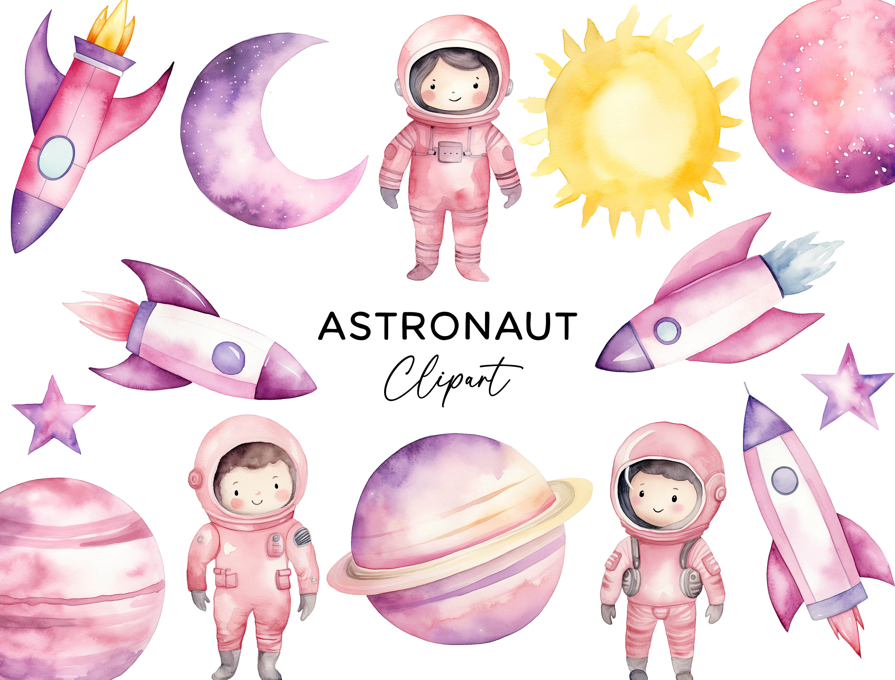 Astronaut Clipart Bundle, Watercolor Girl Pink Space Galaxy Rocket Ship ...