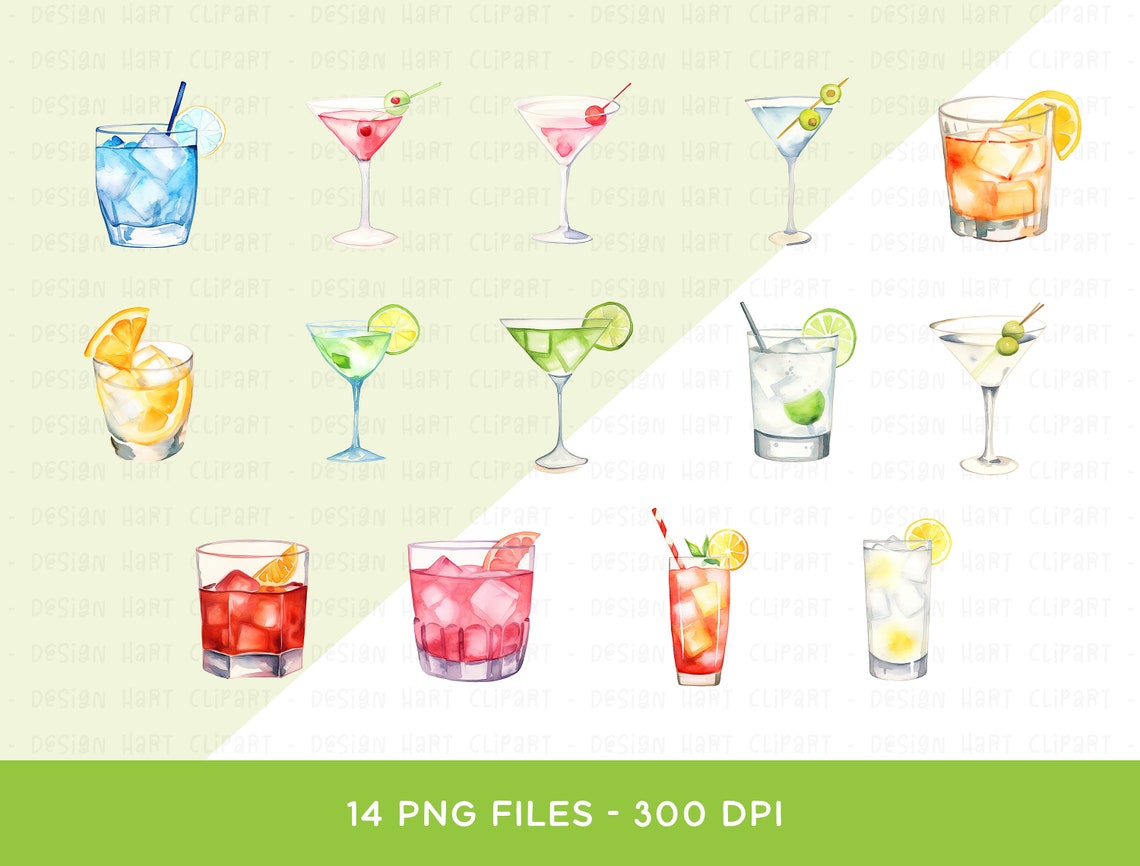 Cocktail Clipart Bundle, Watercolor Alcoholic Drinks Martini ...