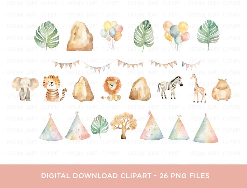 Party Animals Clipart Bundle, Watercolor Safari Jungle Zoo Animals With ...