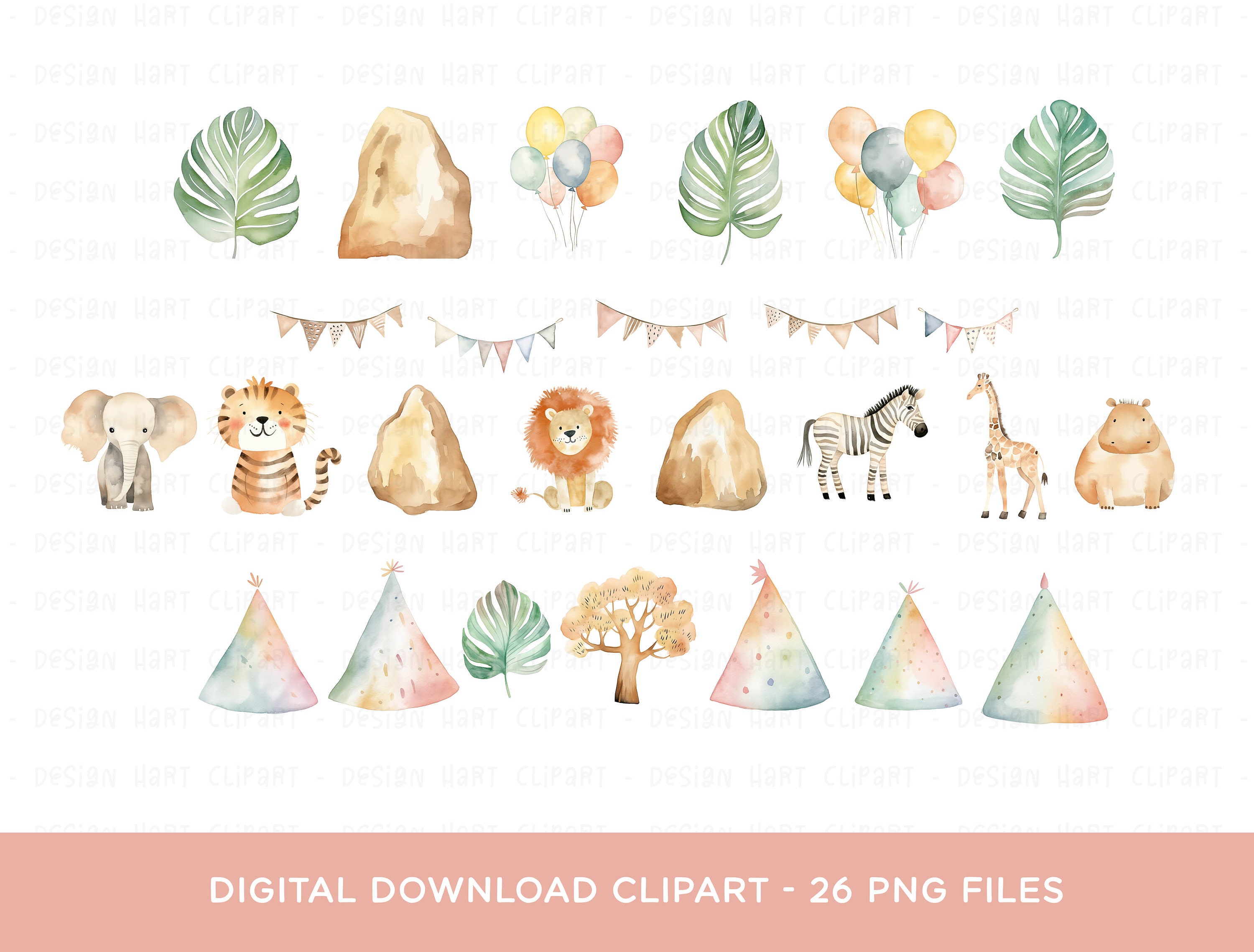 Party Animals Clipart Bundle, Watercolor Safari Jungle Zoo Animals With ...