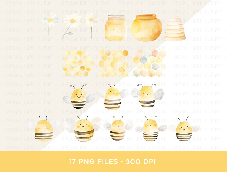 Bee Clipart Bundle, Watercolor Bumble Bee Honeycomb Daisy Hive PNG ...