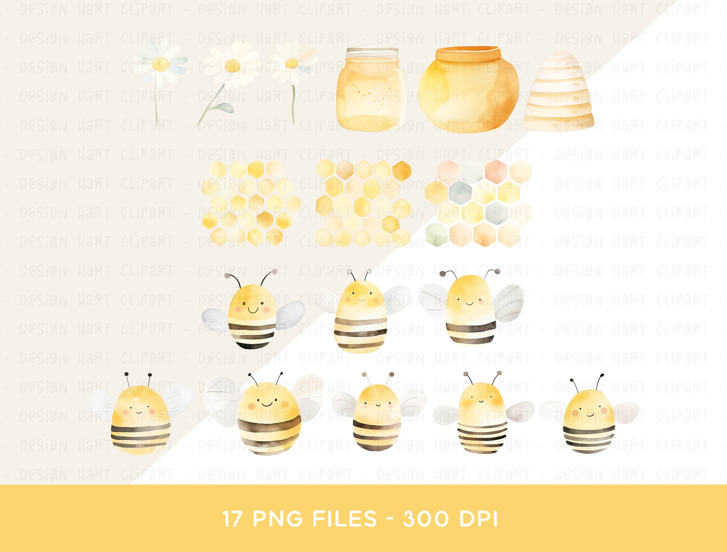 Bee Clipart Bundle, Watercolor Bumble Bee Honeycomb Daisy Hive PNG ...