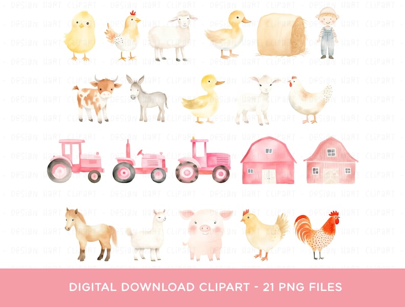 Farm Animal Clipart Bundle, Watercolor Pink Barnyard Pig Cow Horse ...