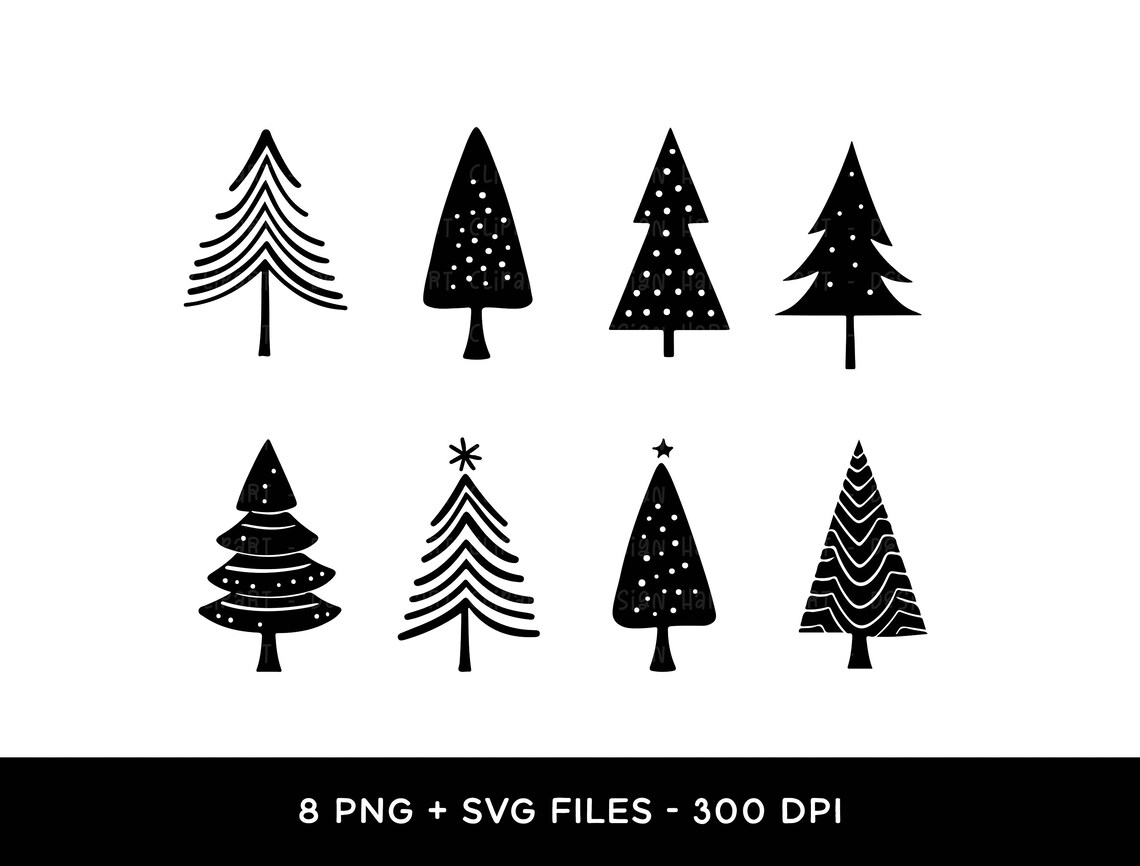 Christmas Tree Clipart Bundle, PNG SVG Black & White Silhouettes ...