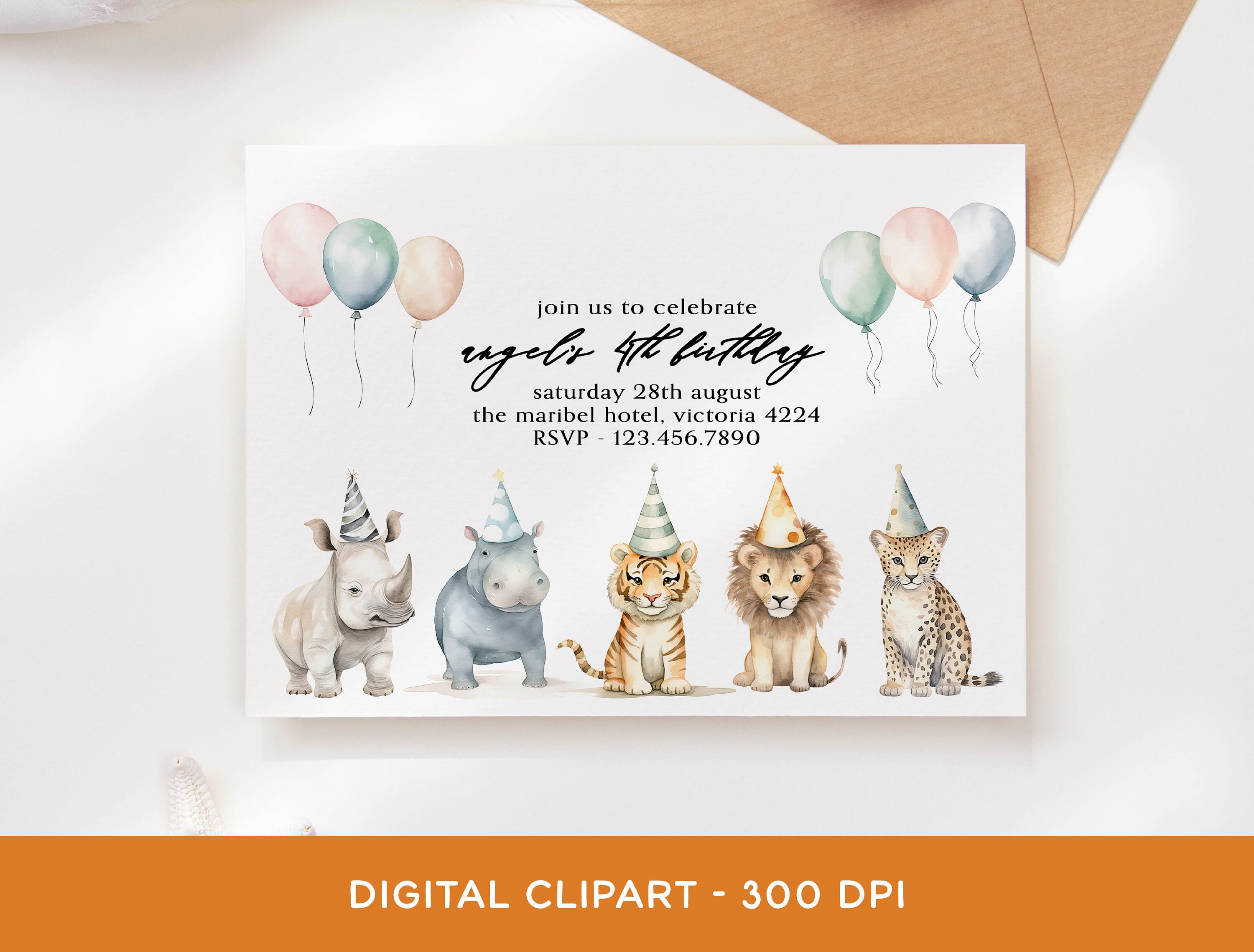 Party Animals Clipart Bundle, Watercolor Safari Jungle Zoo Animals With ...