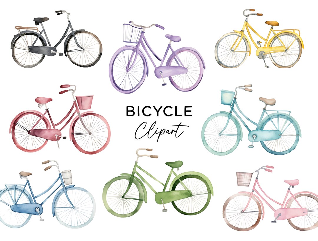 Bicycle Clipart Bundle Set, Watercolor Colorful Pastel Bike PNG Digital ...