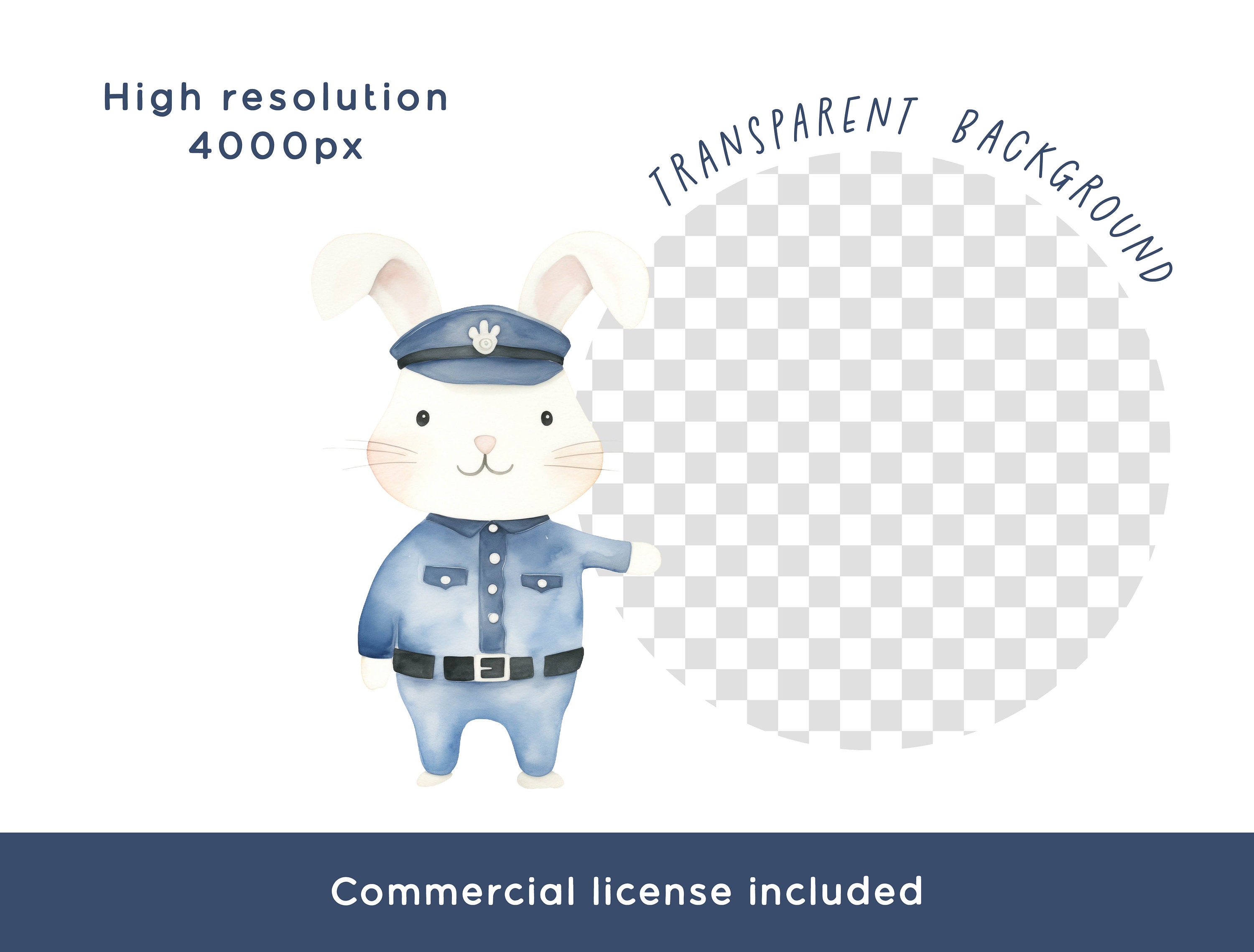 Police Bunny Clipart Bundle, Watercolor Rabbit Policeman Car Gun ...