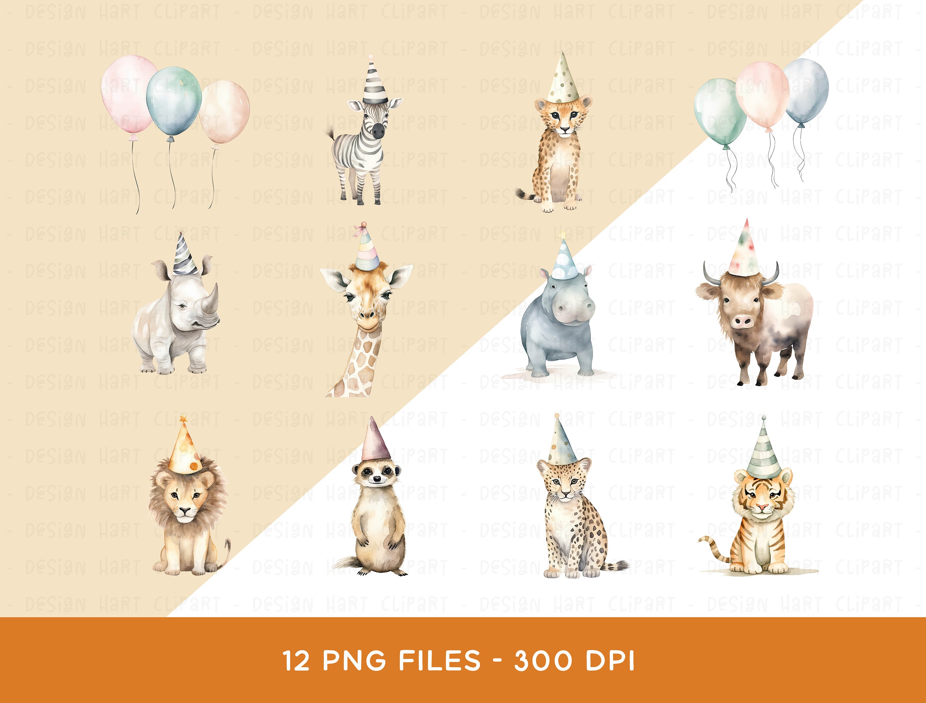 Party Animals Clipart Bundle, Watercolor Safari Jungle Zoo Animals With ...
