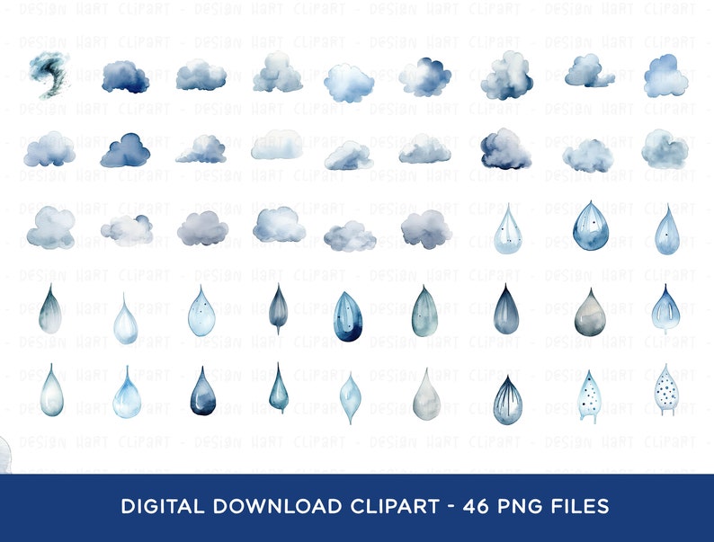 Clouds Clipart Bundle, Watercolor Rain Drops, Weather Icons PNG ...