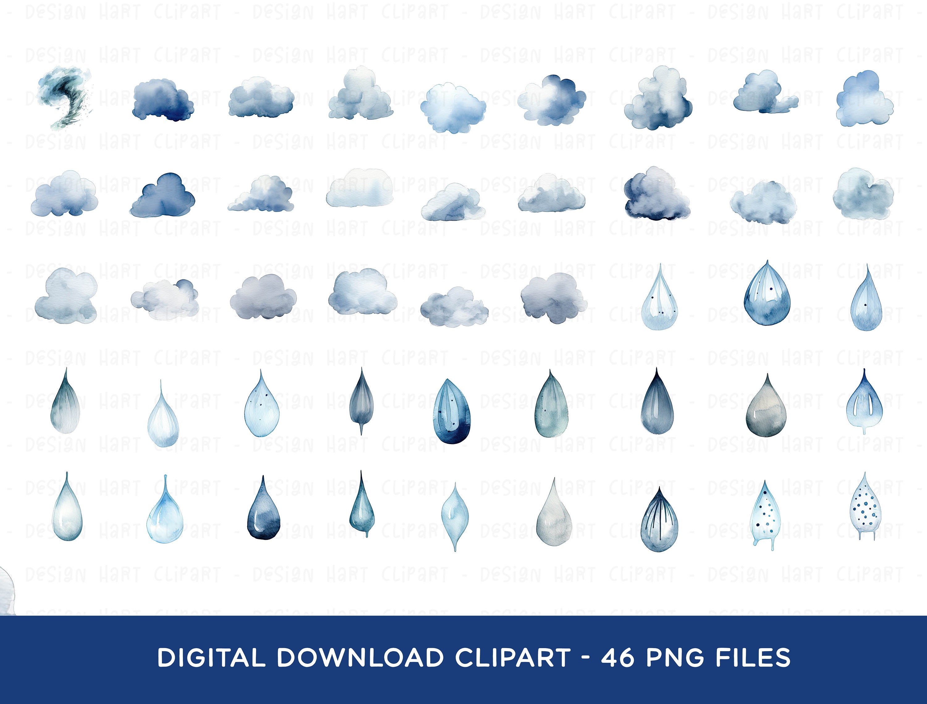 Clouds Clipart Bundle, Watercolor Rain Drops, Weather Icons PNG ...