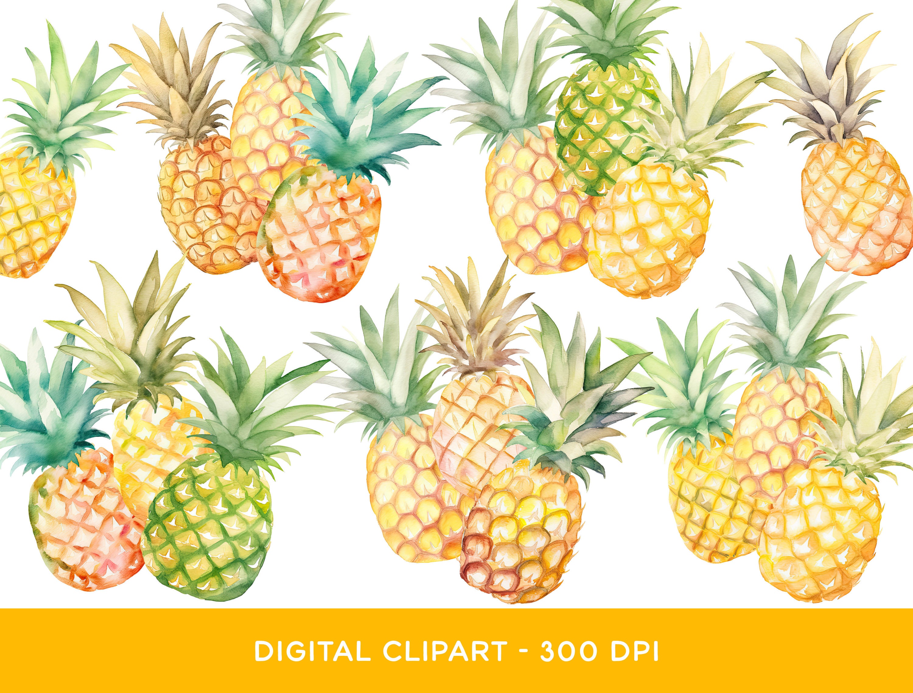 Pineapple Clipart Bundle, Watercolor Tropical Fruit PNG Hand Painted ...