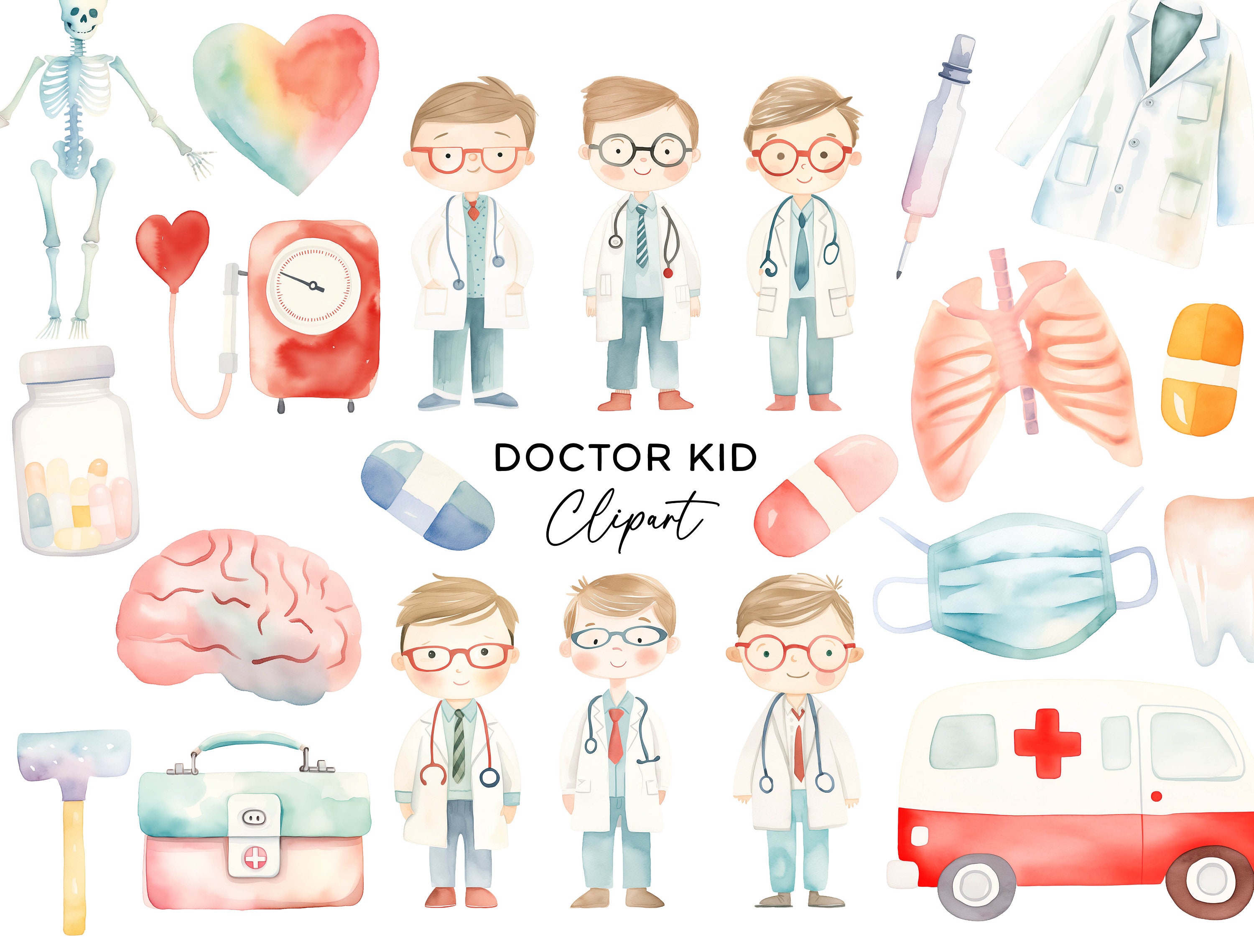 Doctor Clipart Bundle Set, PNG Digital Download Watercolor Medical ...