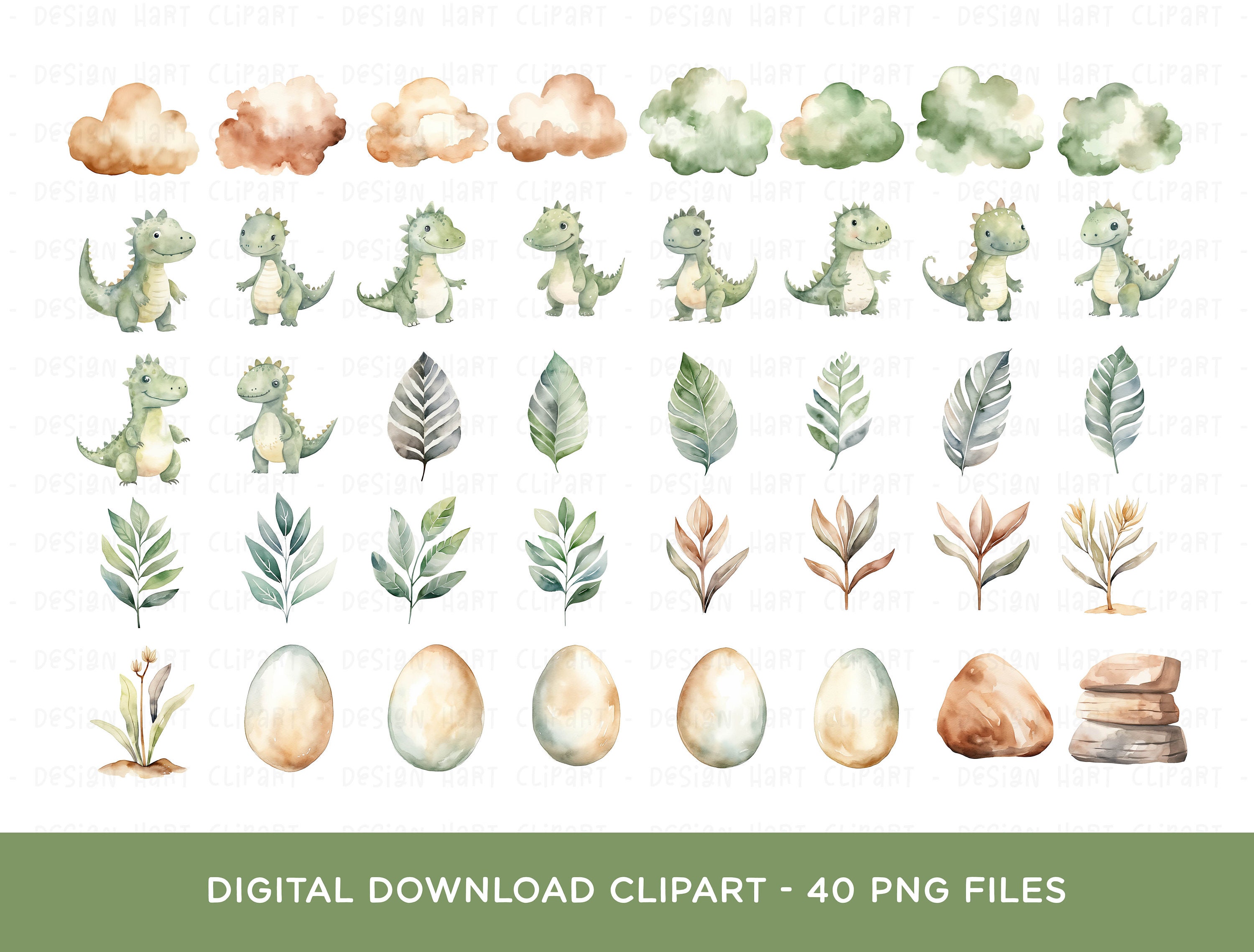 Dinosaur Clipart Bundle, Watercolor T-rex PNG Clip Art for Nursery Art ...