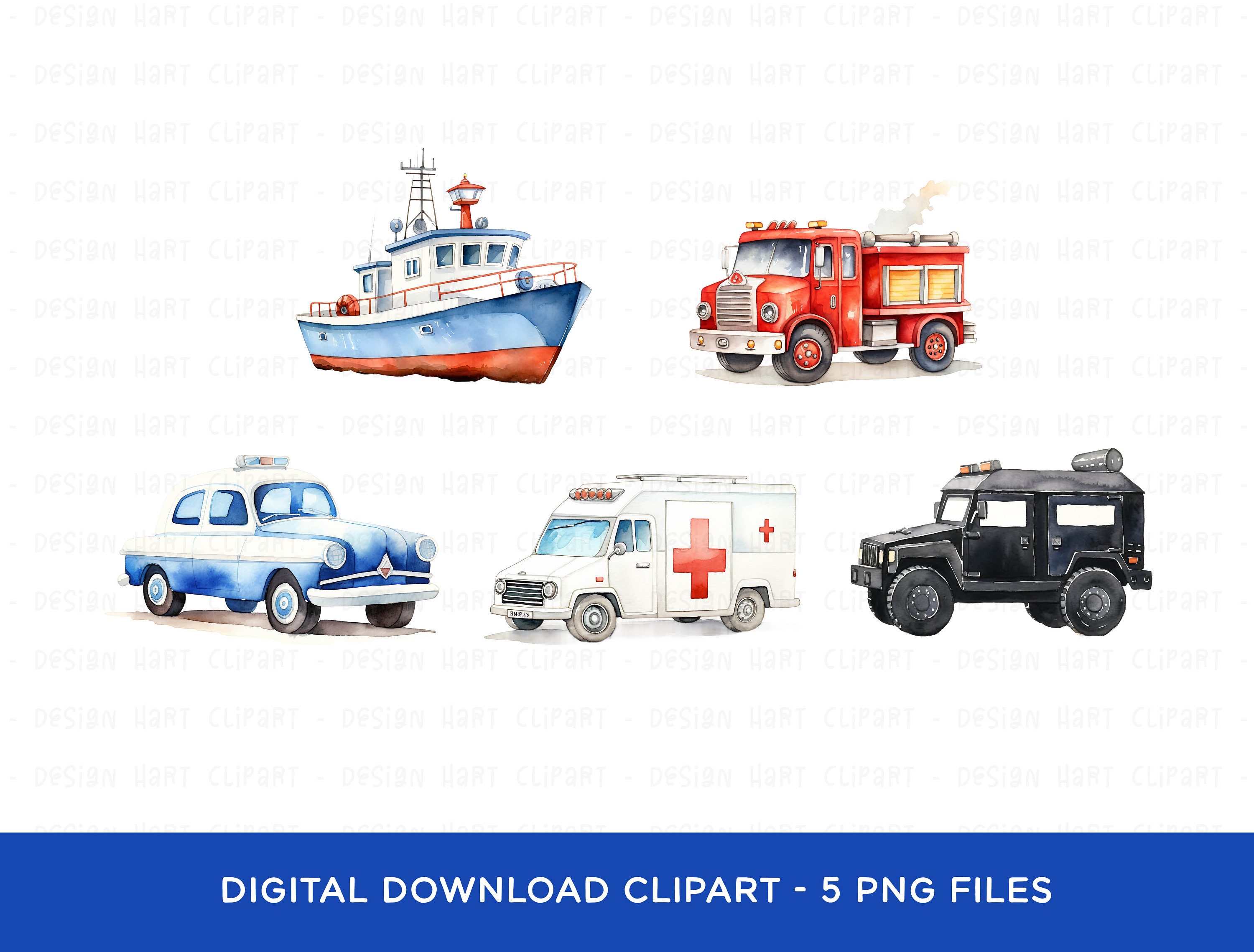Vehicles Clipart Bundle Watercolor Emergency Vehincles Ambulance Police ...
