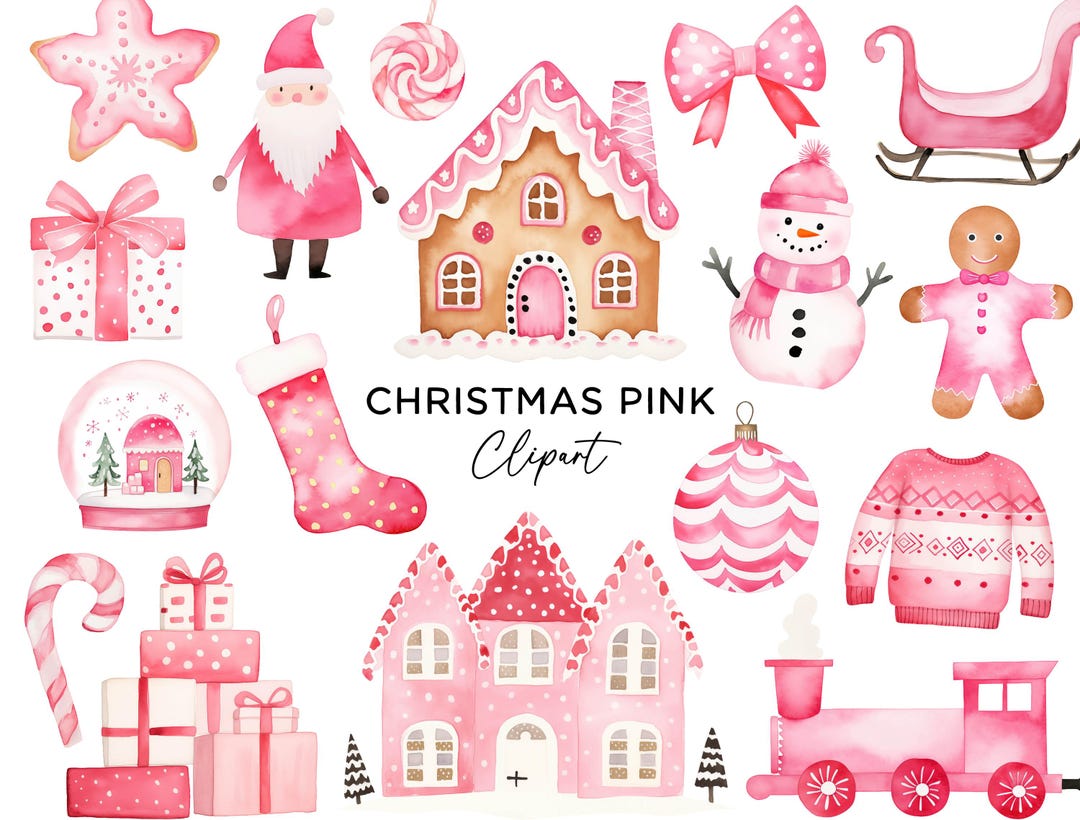 Christmas Clipart Bundle, PNG Download Hot Pink Watercolor Festive ...