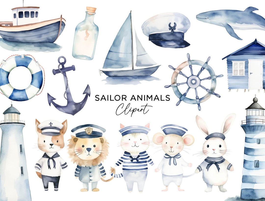 Sailor Animal Clipart Bundle, PNG Digital Download Watercolor Sailor ...
