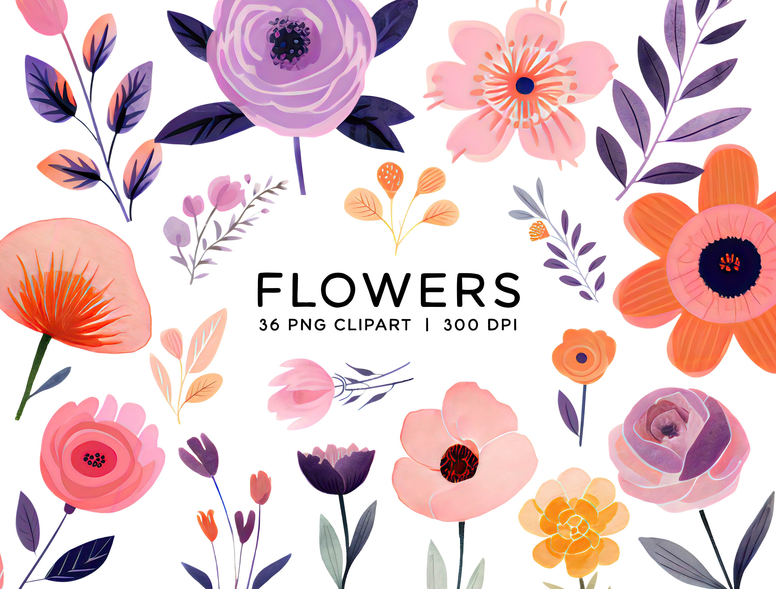 Floral Clipart Bundle Set, Folk Flowers Botanical Colorful Boho Spring ...
