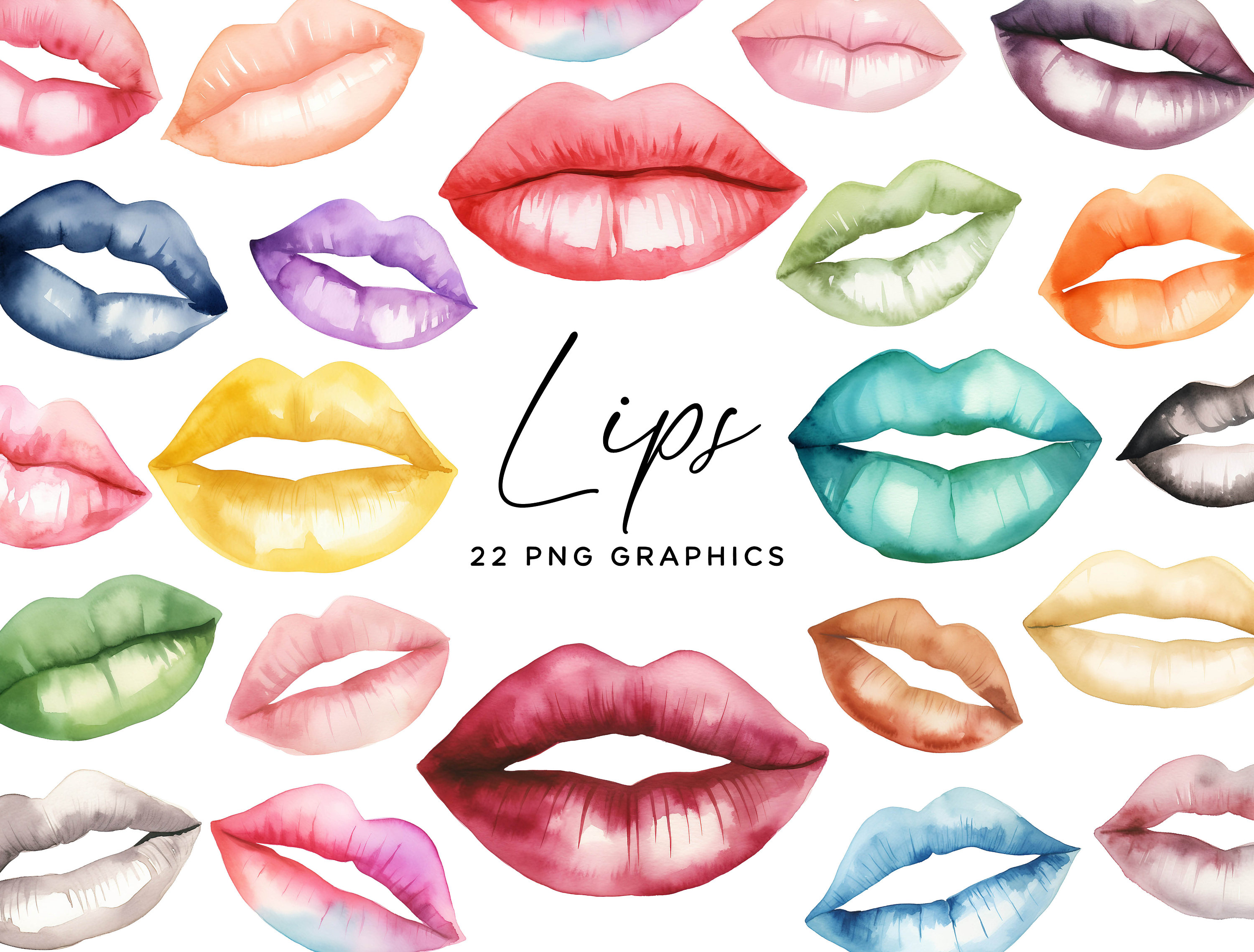 Lips Clipart Bundle - Colorful Watercolor Hand Painted Lip Shapes PNG ...