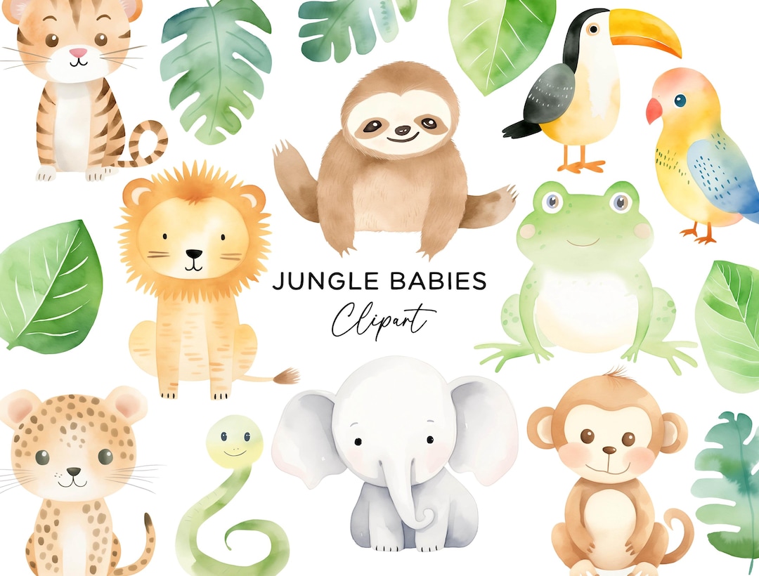 Jungle Animal Clipart Bundle, Watercolor Elephant Tiger Lion Snake ...