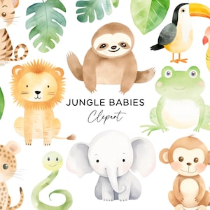 Jungle Animal Clipart Bundle, Watercolor Elephant Tiger Lion Snake ...