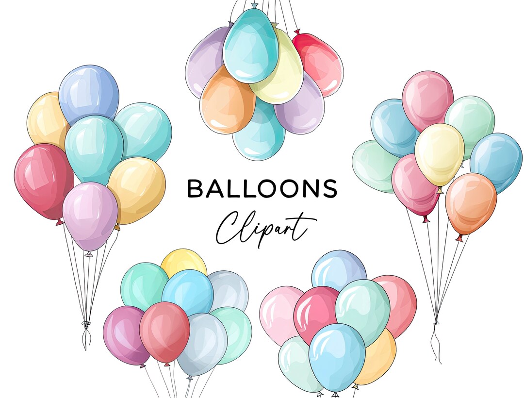 Balloon Clipart Bundle, Colorful Pastel Watercolor Party Balloons PNG ...