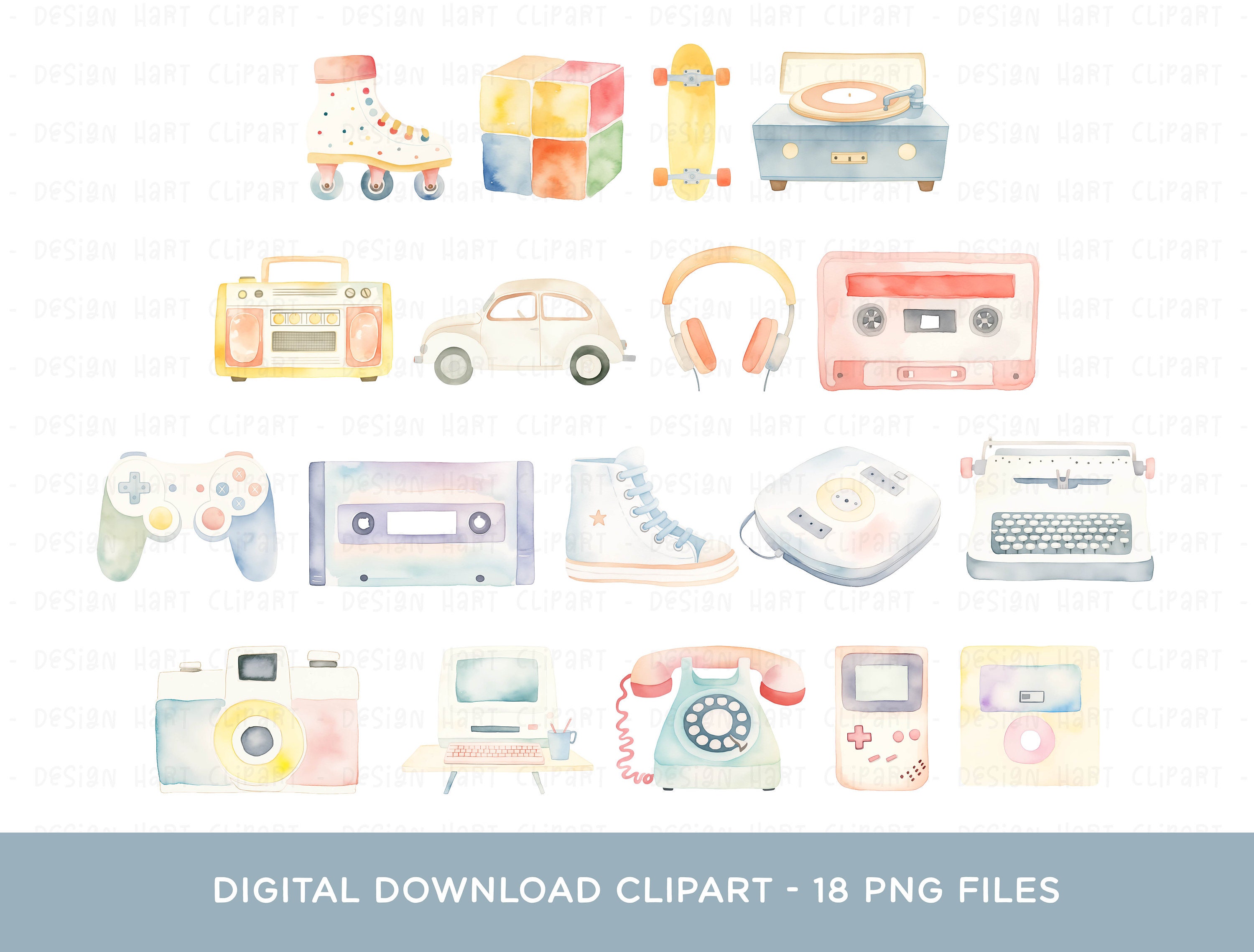 90s Retro Clipart Bundle, 80s Vintage Phone Gameboy Rollerskate ...