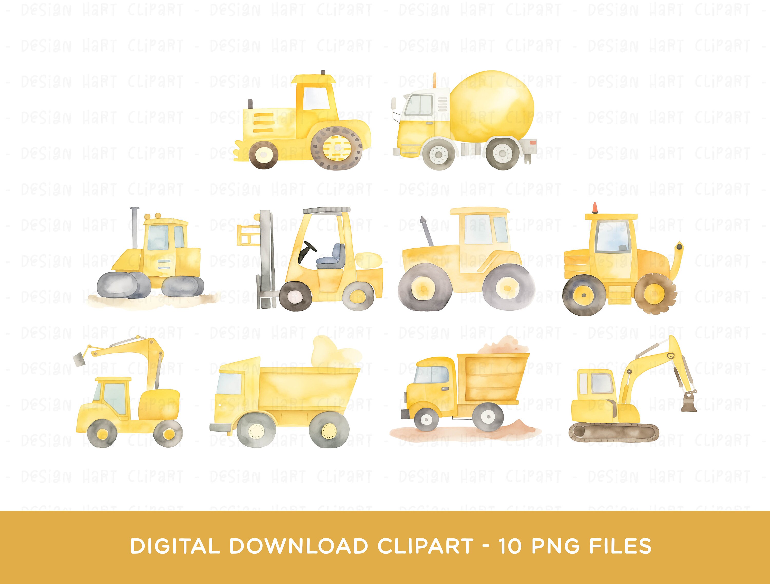 Construction Clipart Bundle, Vehicles Watercolor Digger Excavator Dump ...