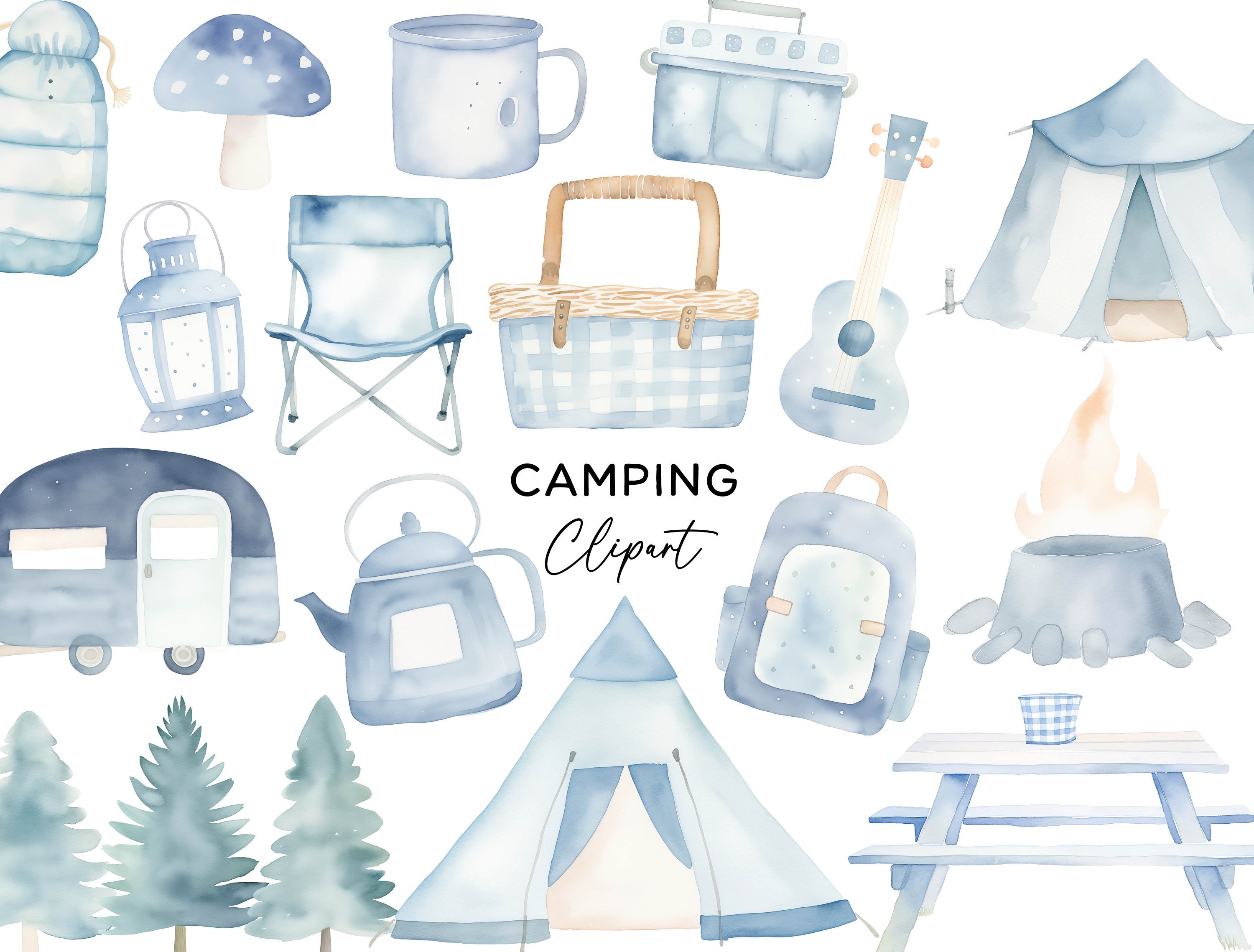 Blue Camping Clipart Bundle, Watercolor Adventure Camper Tent Campfire ...