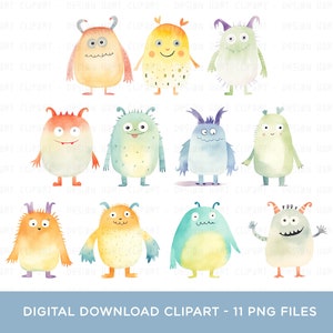 Monster Clipart Bundle - Watercolor Cute Smiling Happy Monsters ...