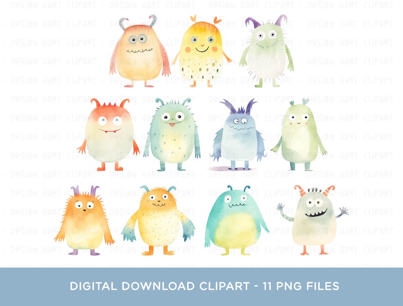 Monster Clipart Bundle - Watercolor Cute Smiling Happy Monsters ...