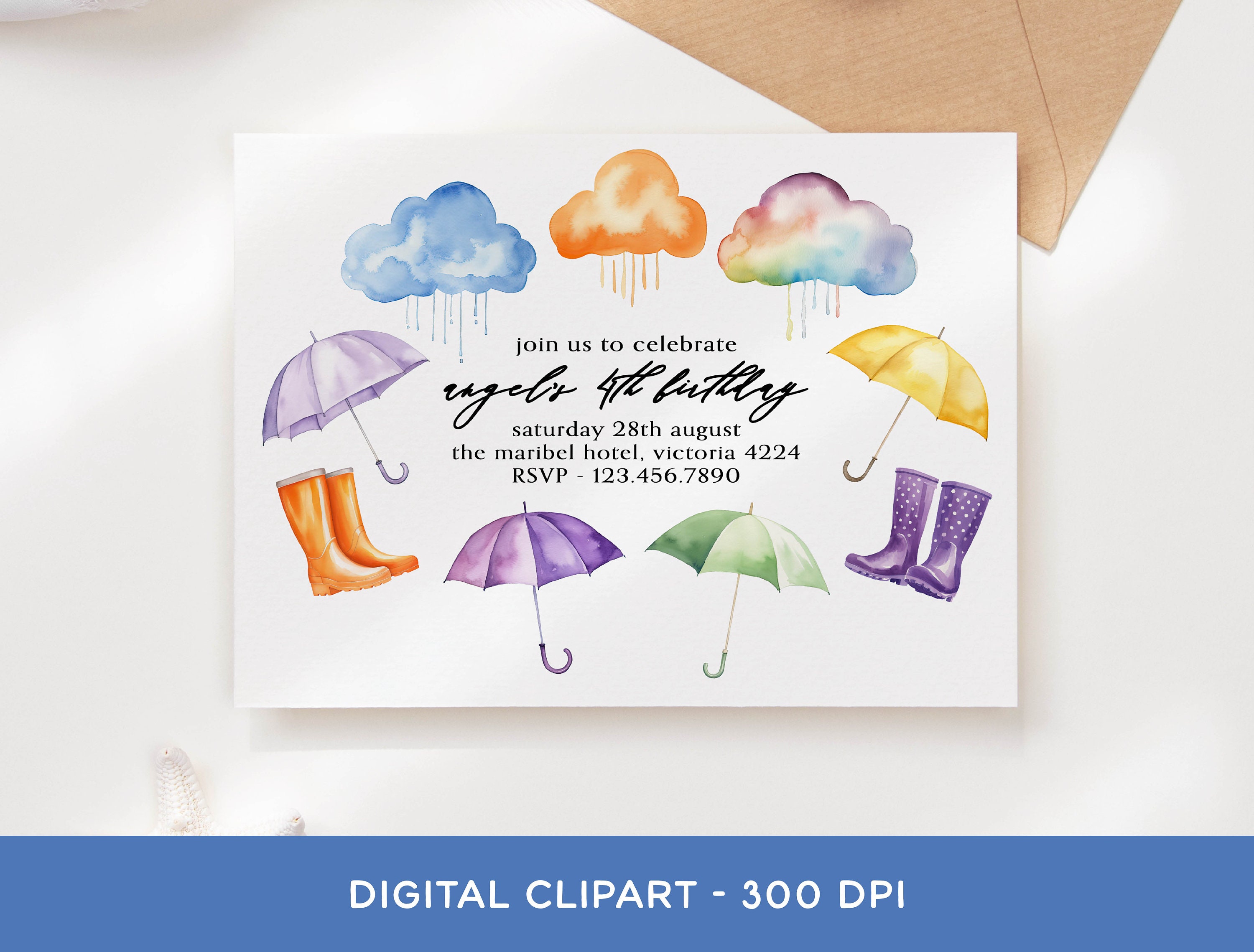 Umbrellas & Gumboots Clipart Bundle, Watercolor Wellies Brollies Rain ...