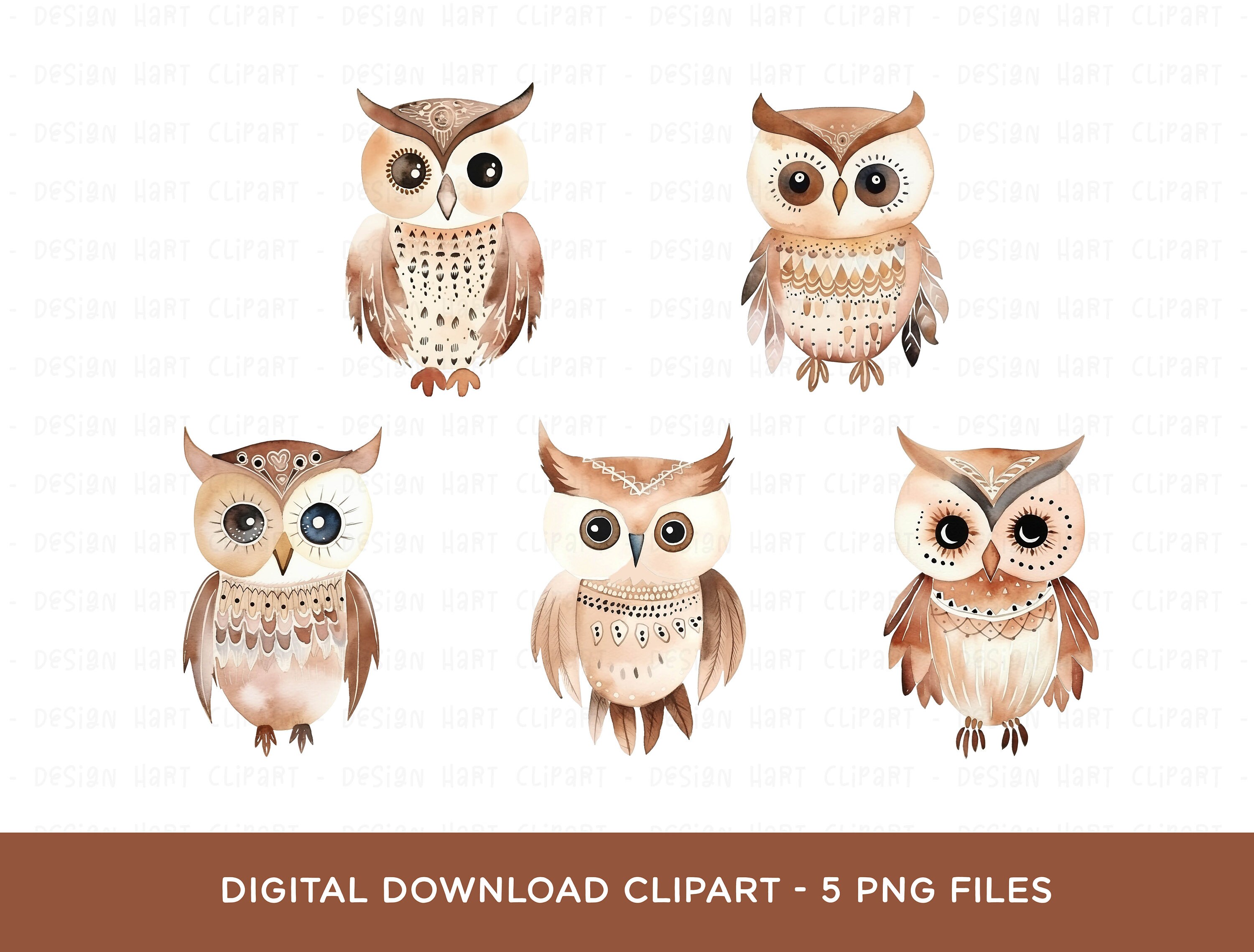 Owls Clipart Bundle Set, Watercolor Pastel Boho Owl PNG Graphics ...