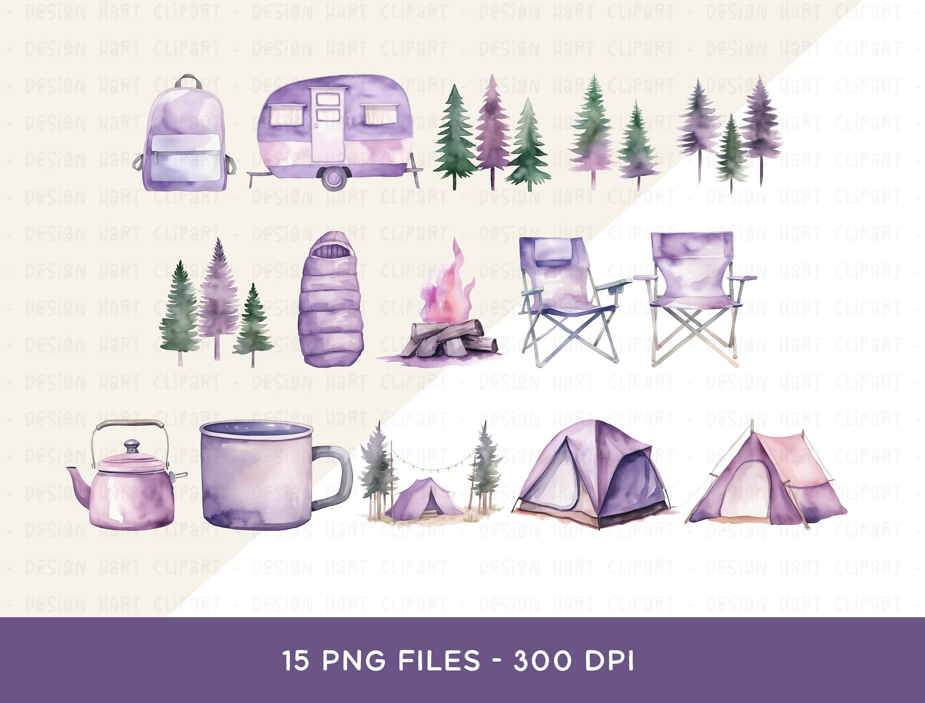 Camping Clipart Bundle, Purple Camper Caravan Tent Outdoor Adventure ...