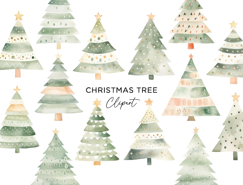 Green Christmas Tree Clipart Bundle, Boho Scandi Watercolor Xmas Trees ...