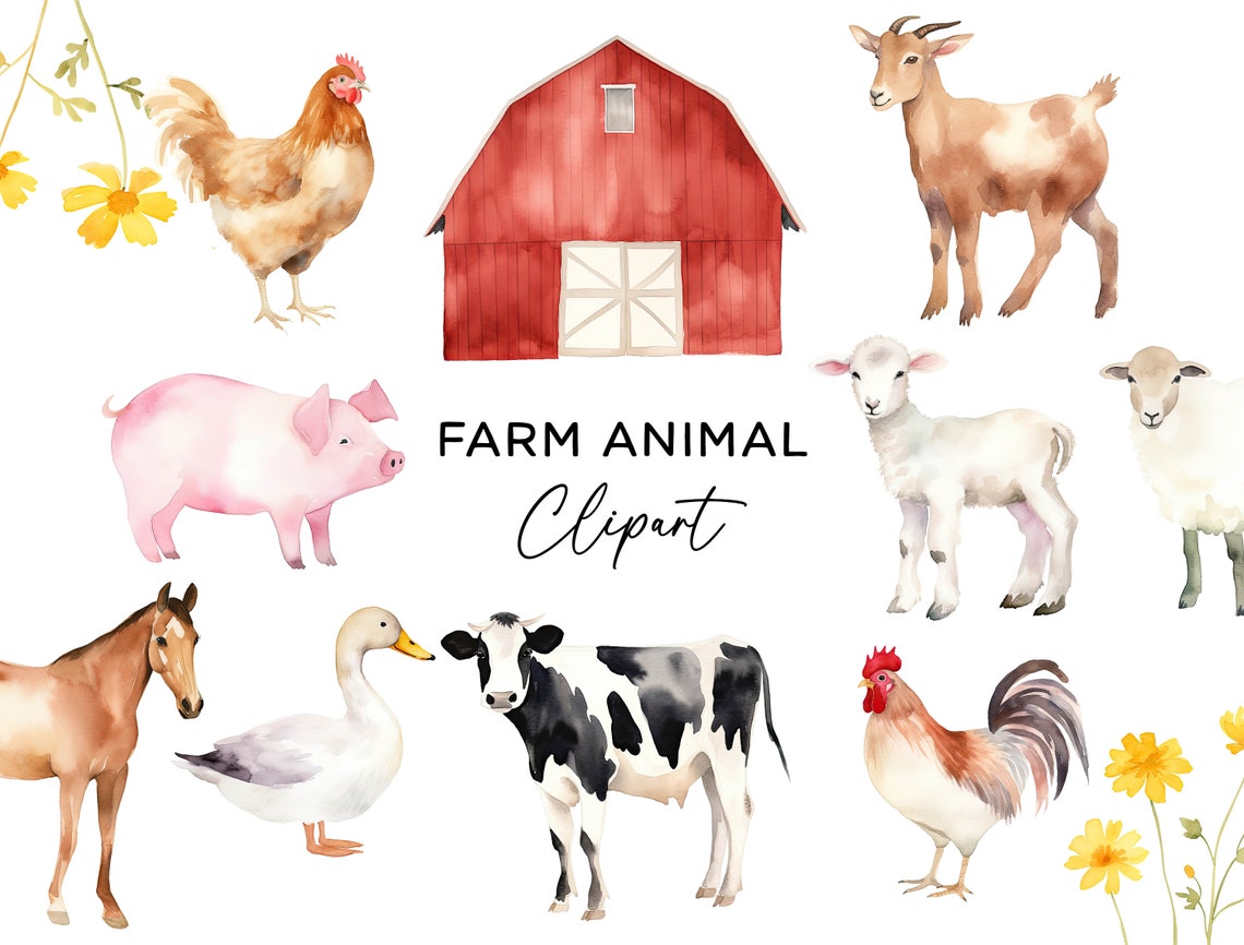 Farm Animal Clipart Bundle, Watercolor Barnyard Animals Pig Cow Horse ...
