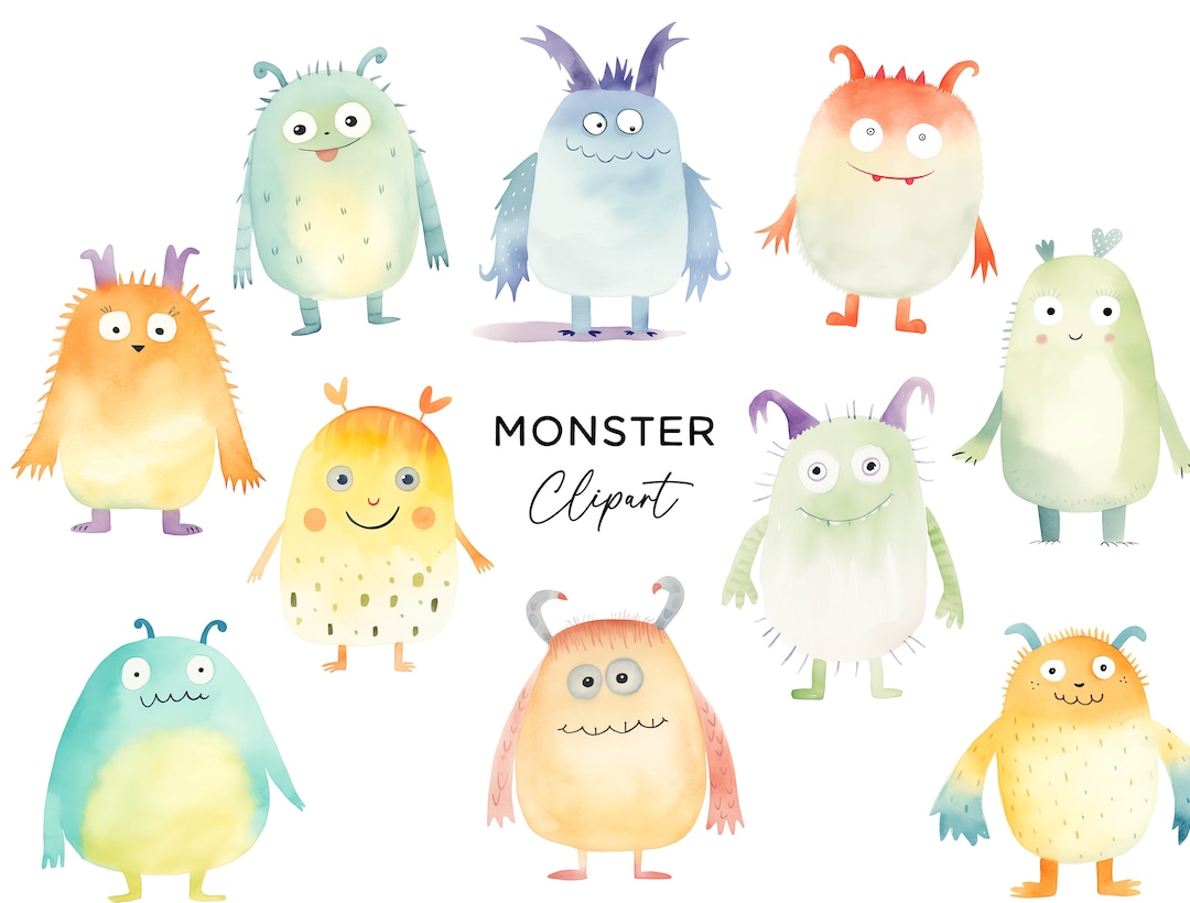 Monster Clipart Bundle - Watercolor Cute Smiling Happy Monsters ...