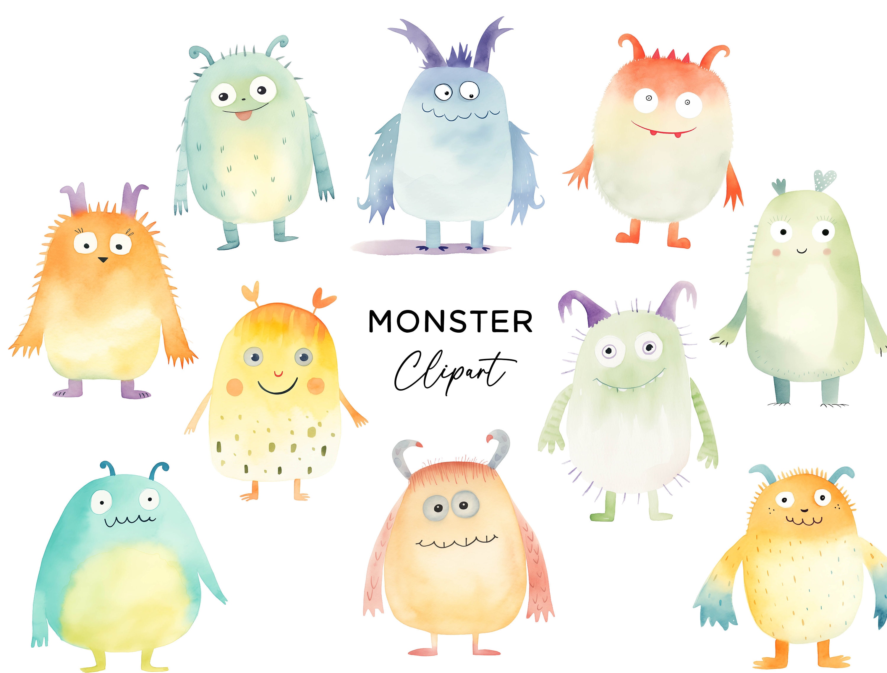 Monster Clipart Bundle Watercolor Cute Smiling Happy Monsters Emotions ...